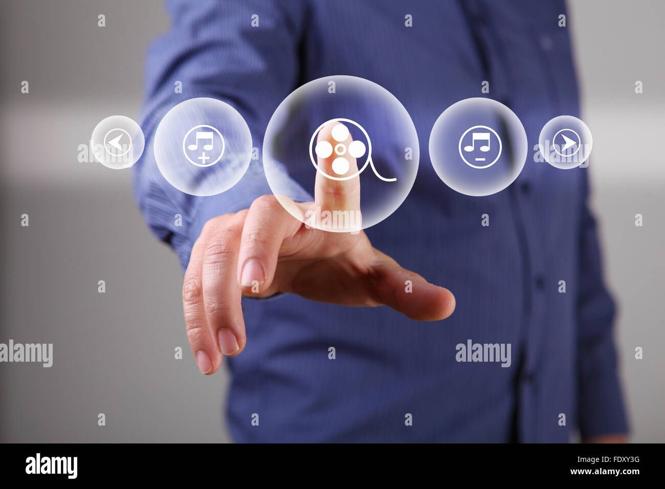 Human hand touching screen with buttons on it Stock Photo - Alamy