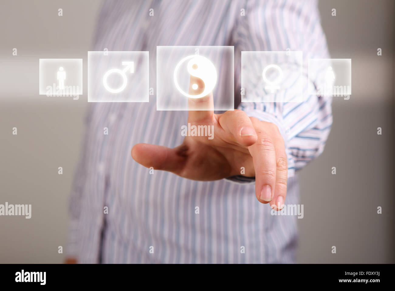 Human hand touching screen with buttons on it Stock Photo - Alamy
