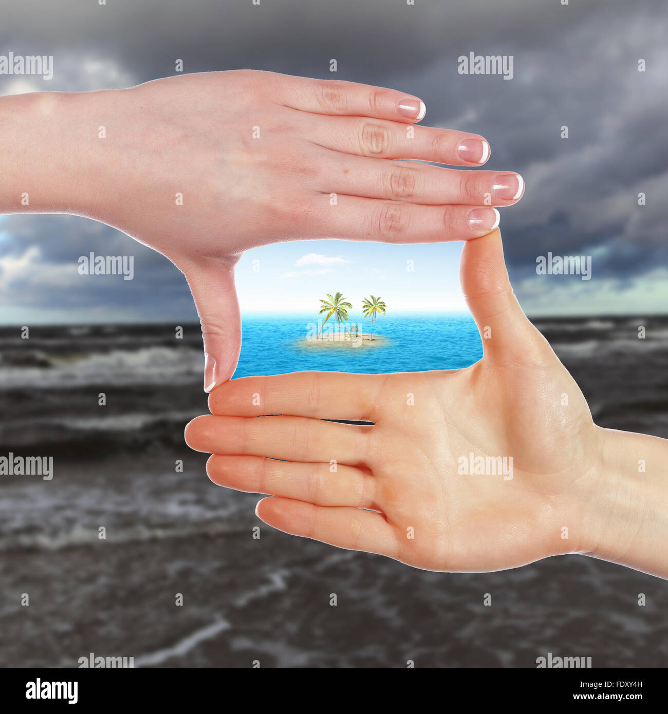 Collage with human hands and tropical island against blue sky Stock ...