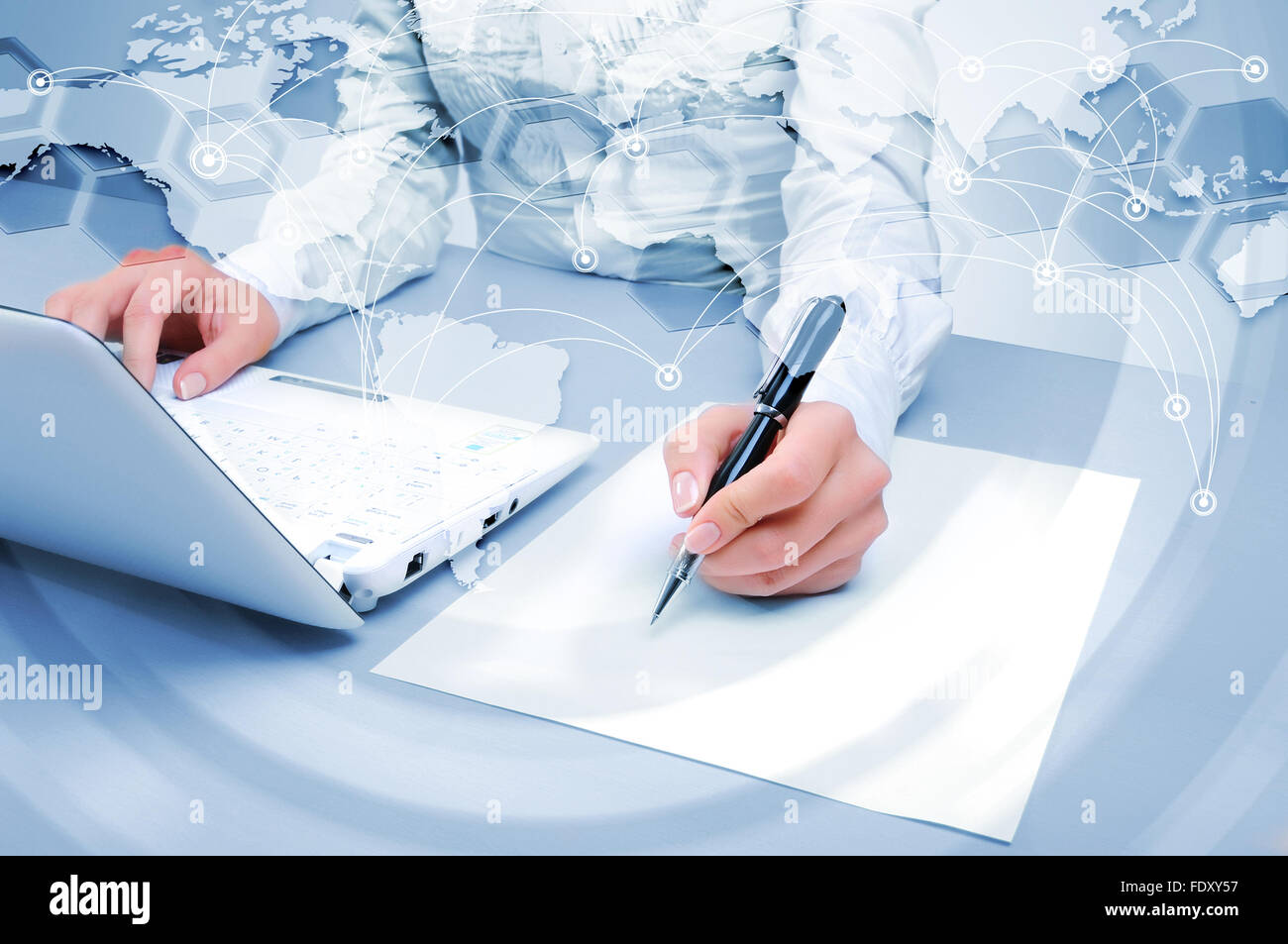Laptop and business person against technology background Stock Photo ...