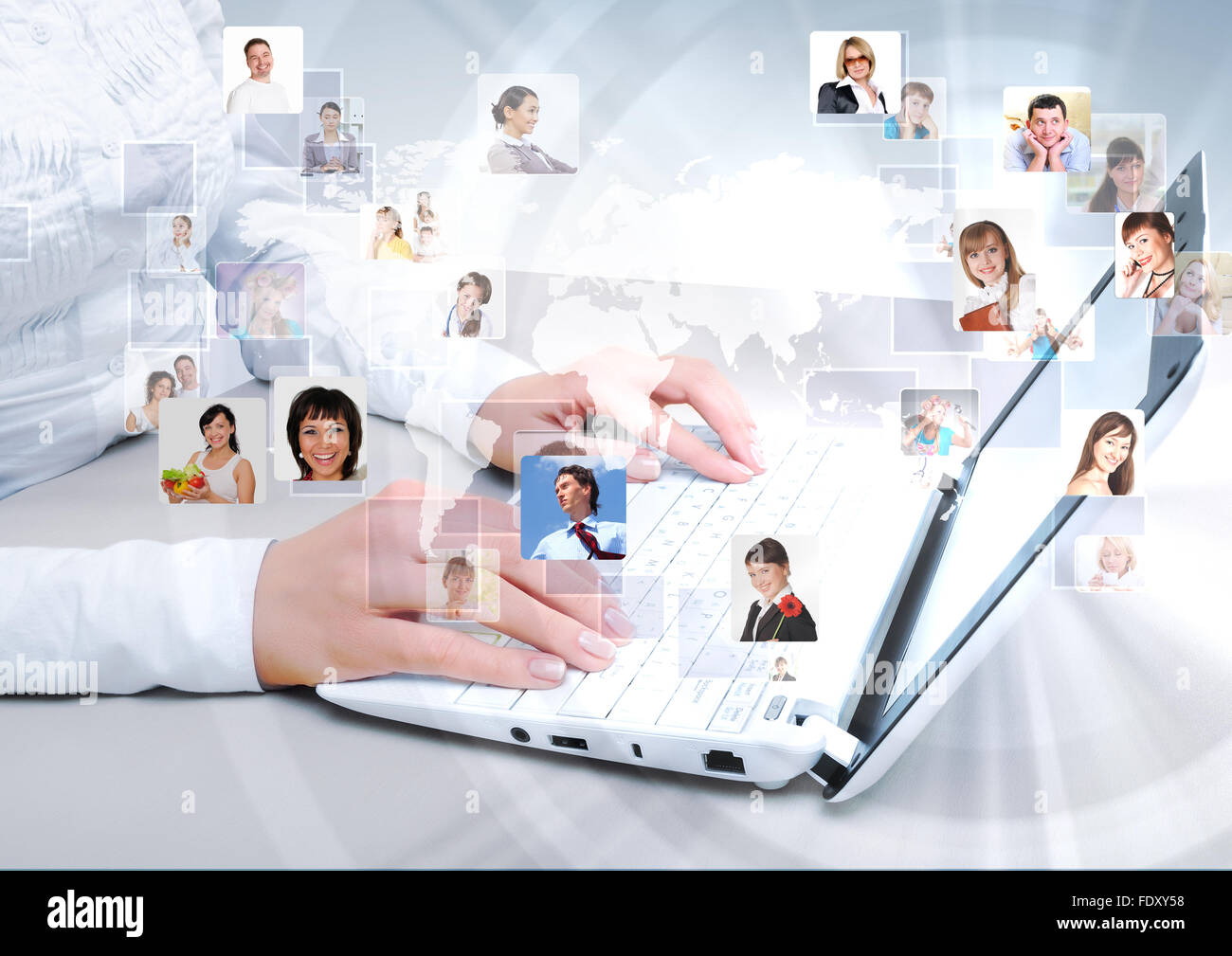 Laptop and business person against technology background Stock Photo ...