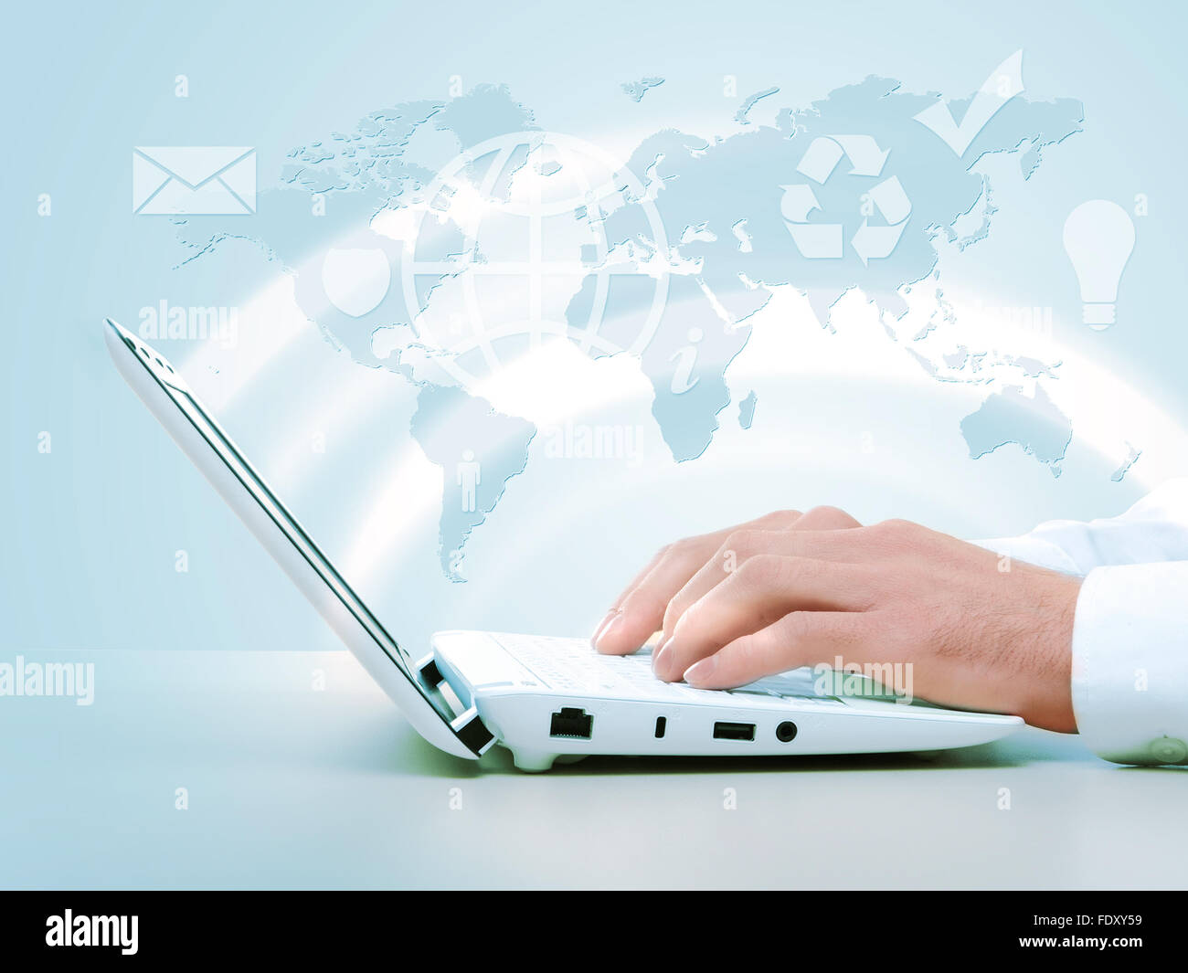 Laptop and business person against technology background Stock Photo ...