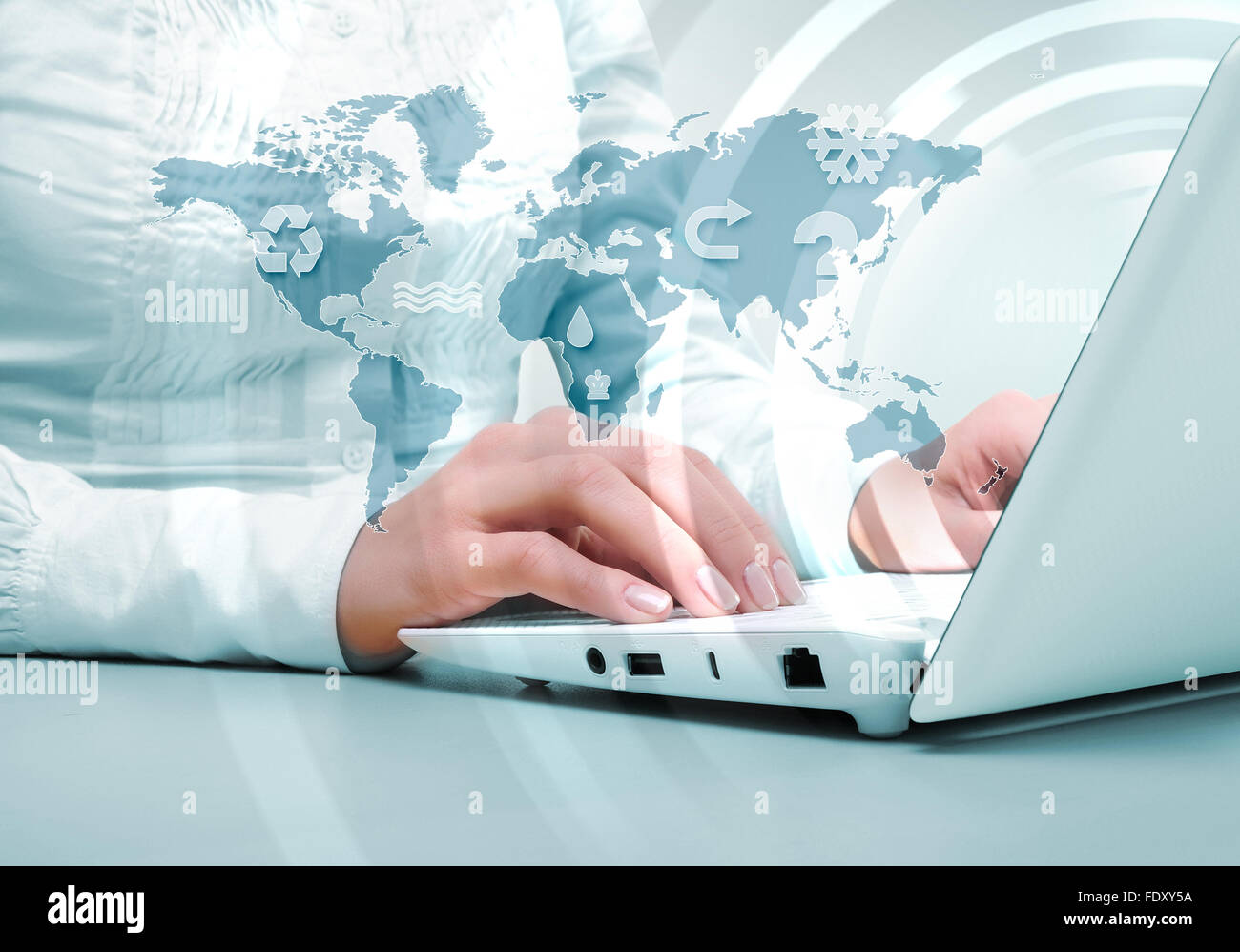 Laptop and business person against technology background Stock Photo ...