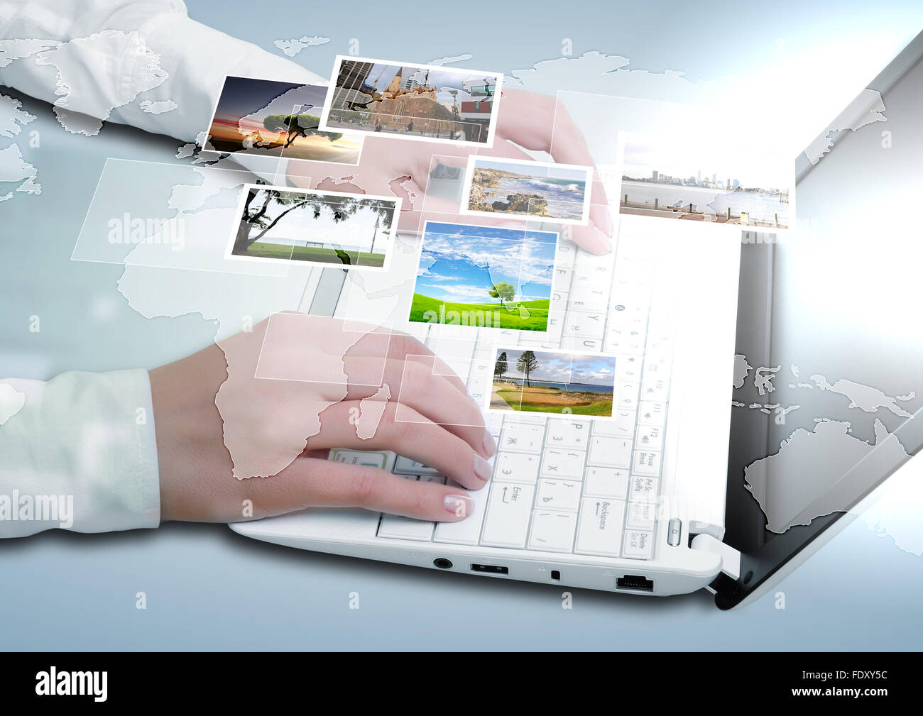 Laptop and business person against technology background Stock Photo ...