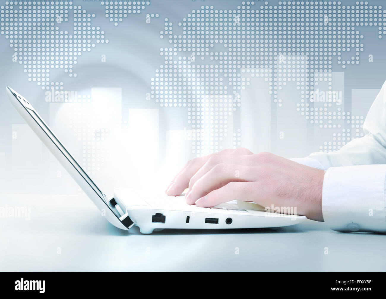 Laptop and business person against technology background Stock Photo ...