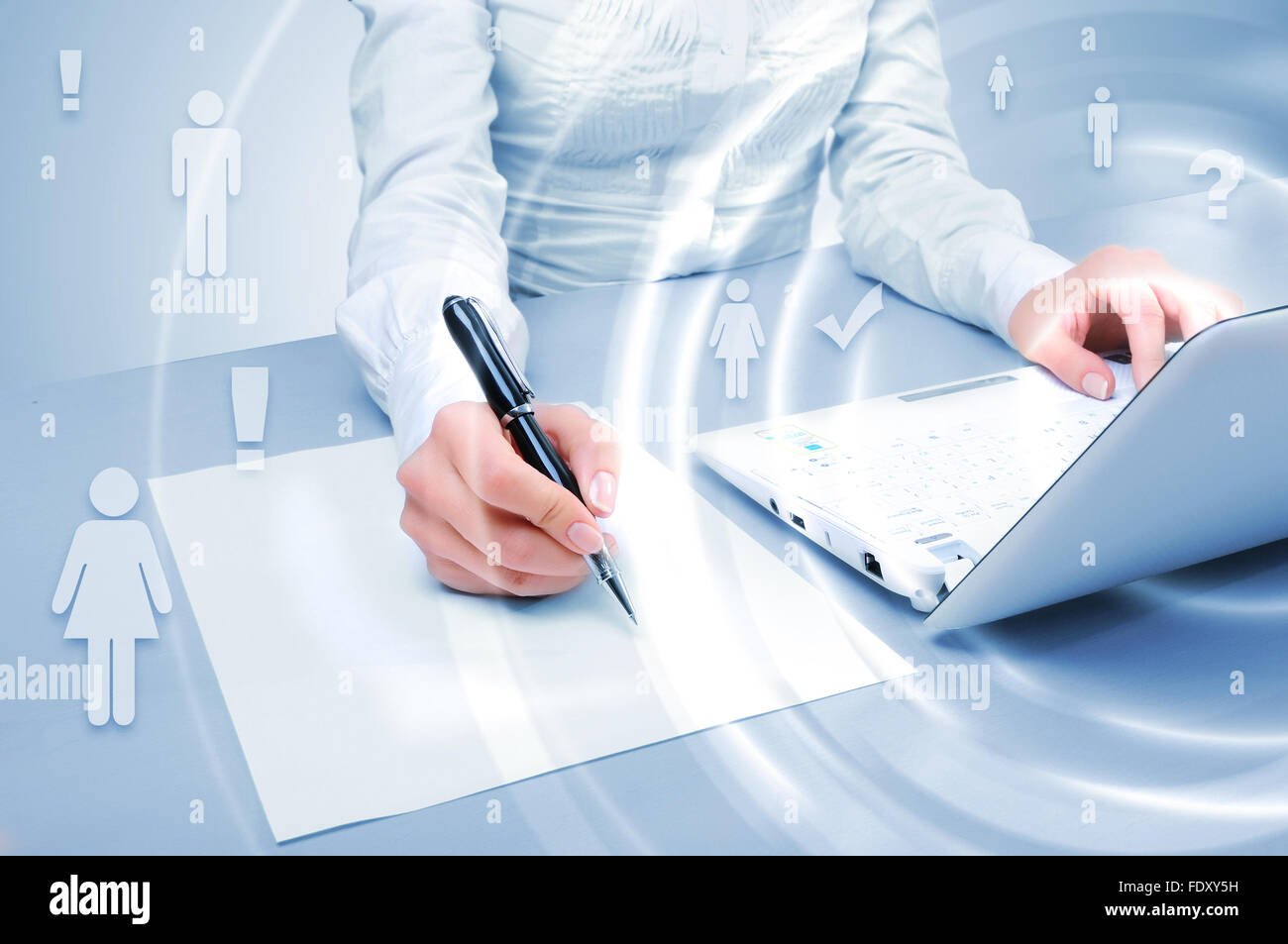 Laptop and business person against technology background Stock Photo ...