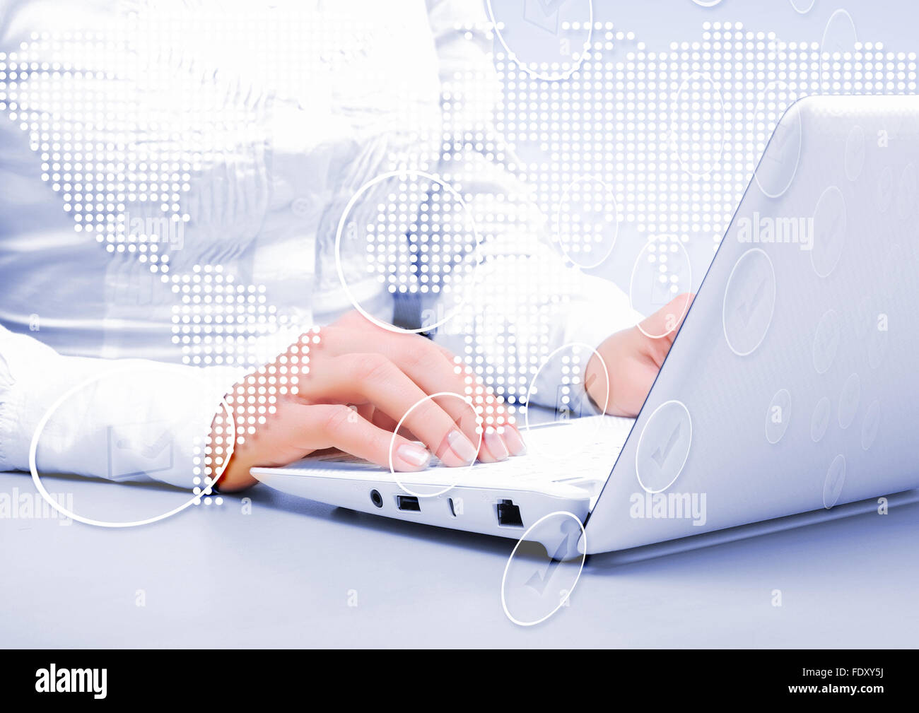 Laptop and business person against technology background Stock Photo ...