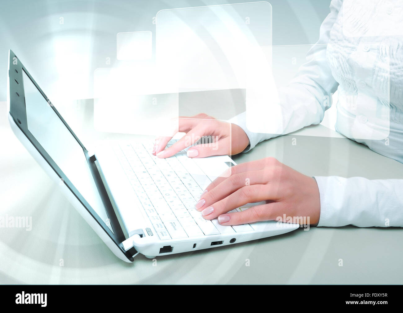 Laptop and business person against technology background Stock Photo ...