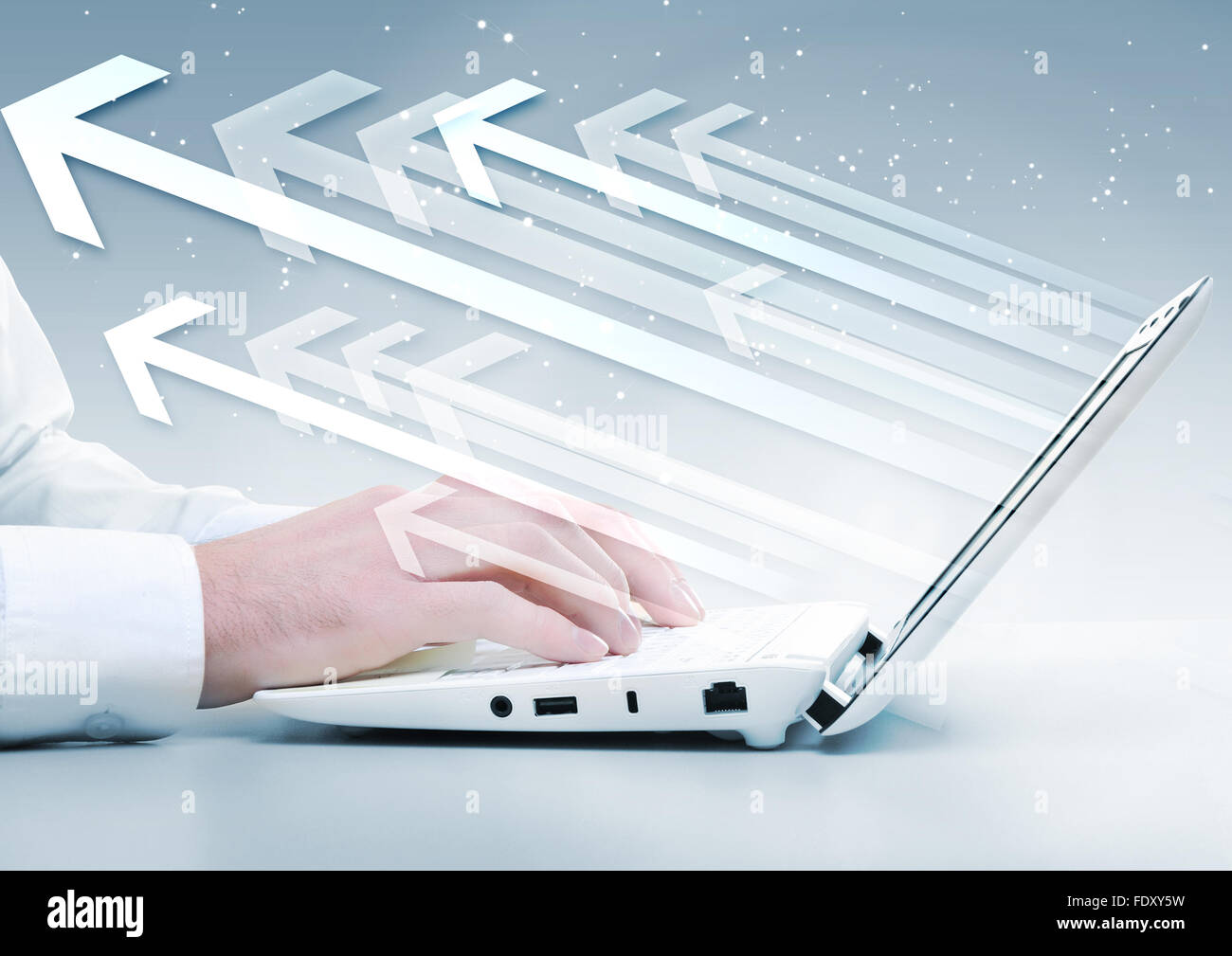 Laptop and business person against technology background Stock Photo ...