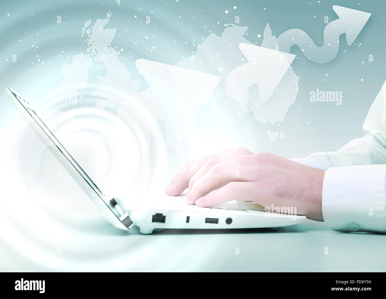 Laptop and business person against technology background Stock Photo ...