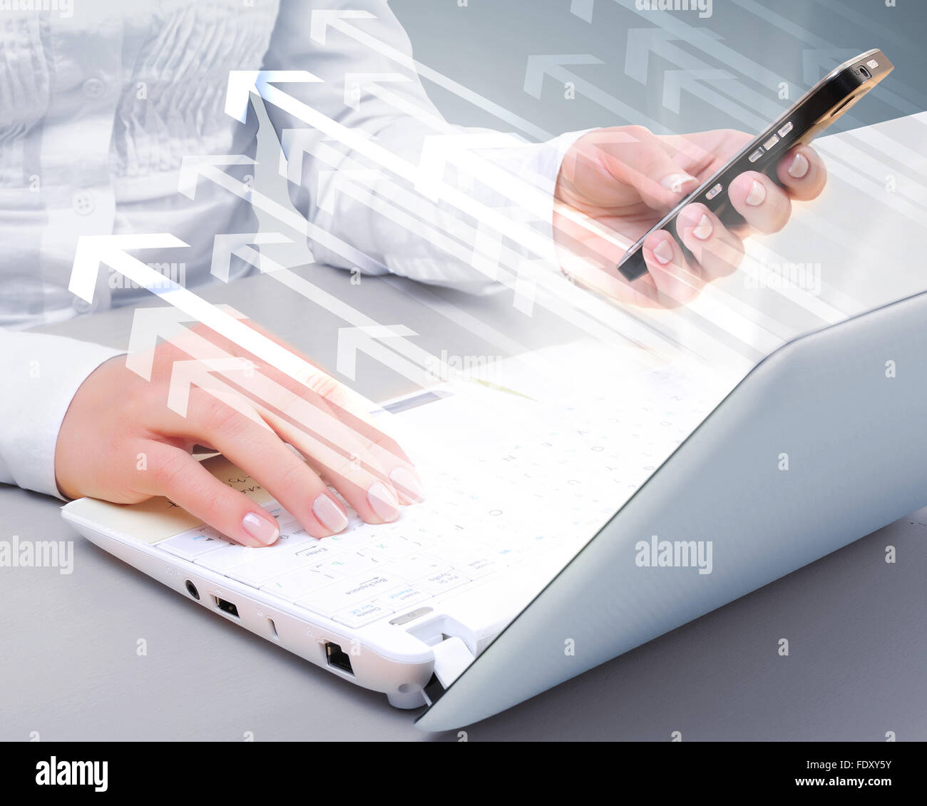 Laptop and business person against technology background Stock Photo ...