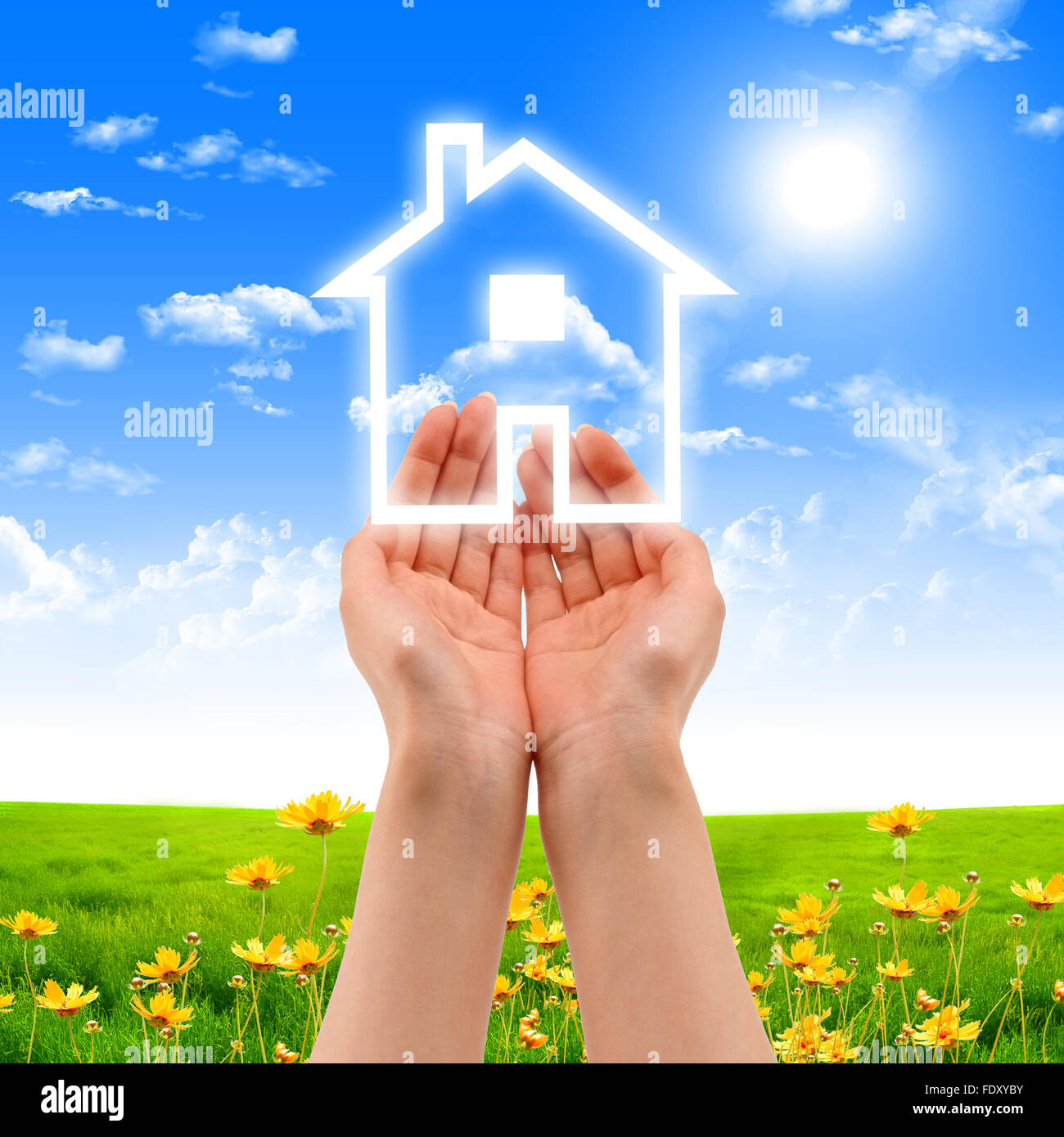 human hands holding model of a house against nature background Stock ...