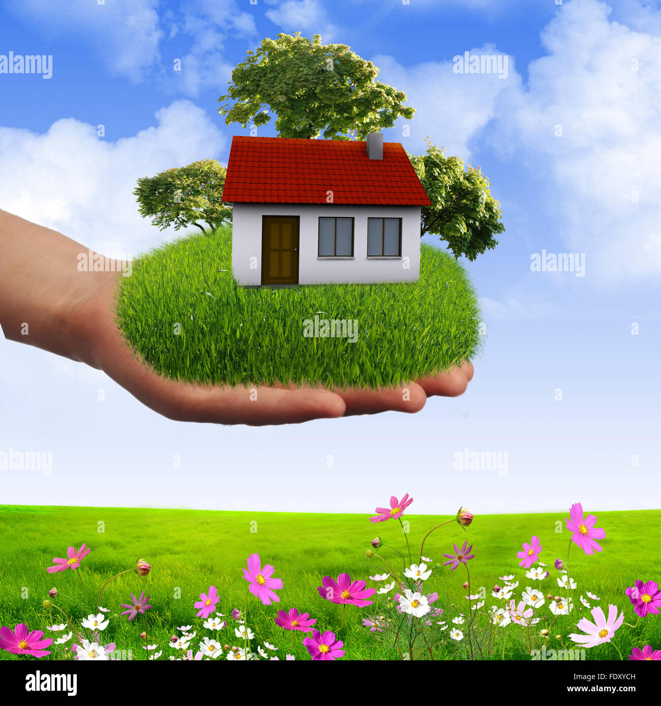 human hands holding model of a house against nature background Stock ...