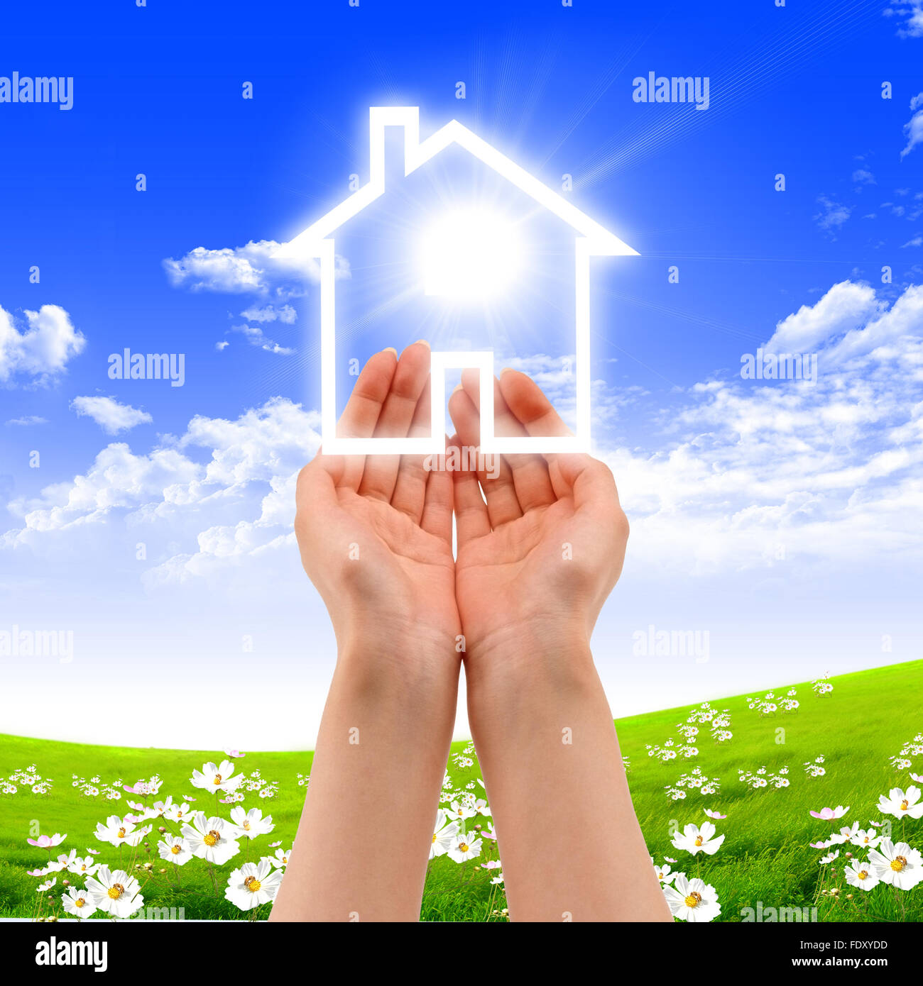 human hands holding model of a house against nature background Stock ...