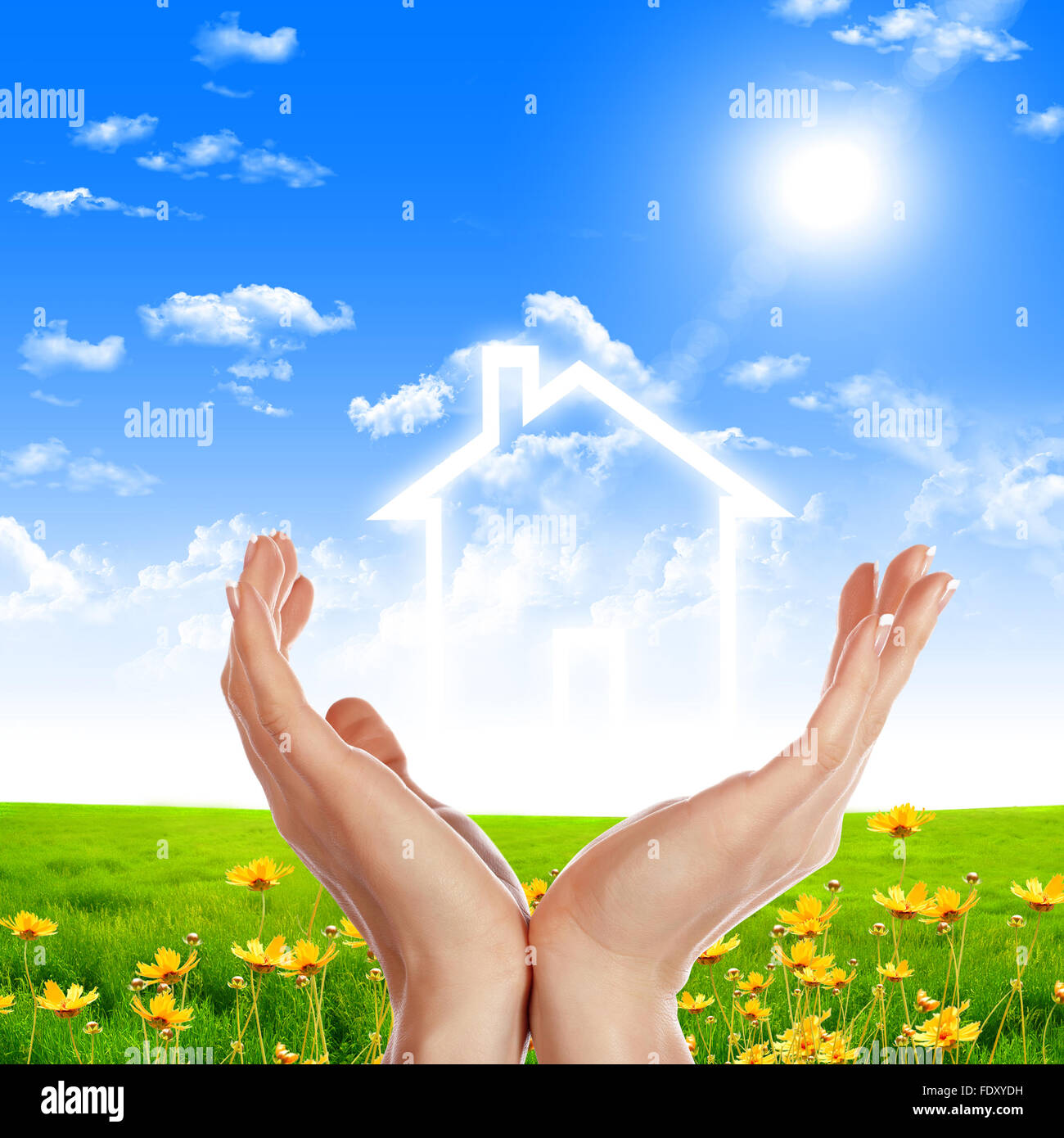 human hands holding model of a house against nature background Stock ...
