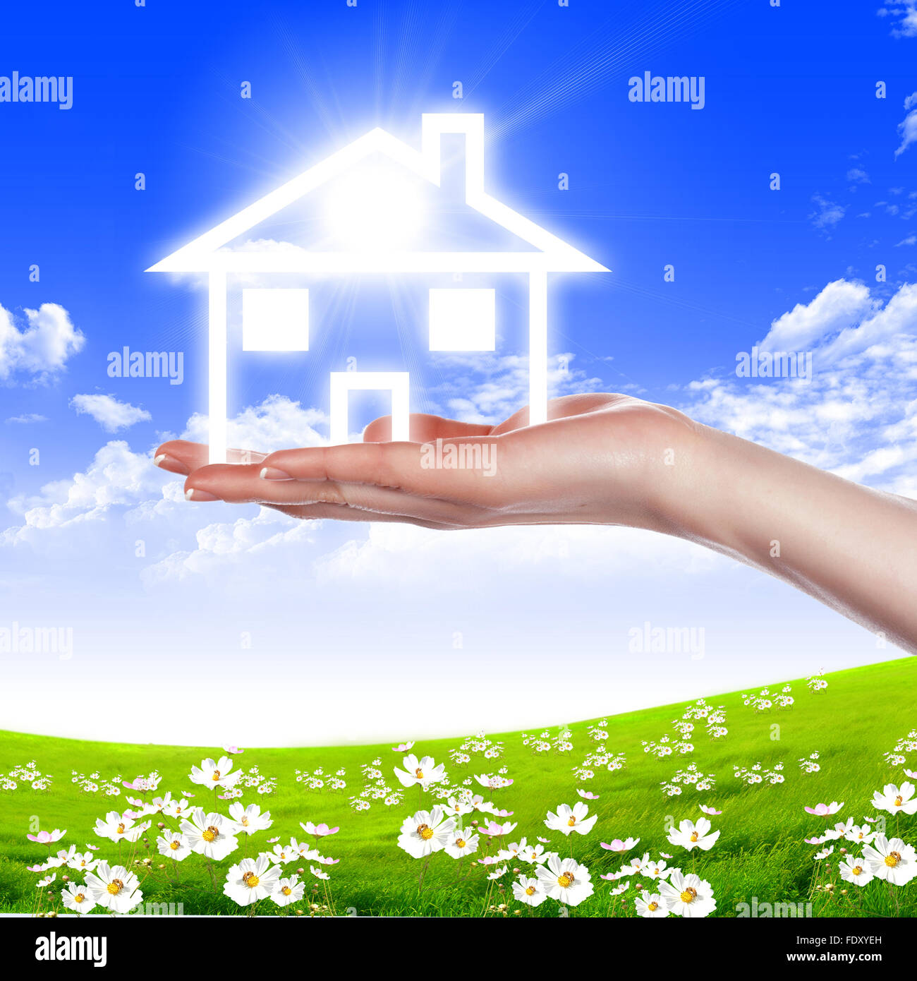 human hands holding model of a house against nature background Stock ...