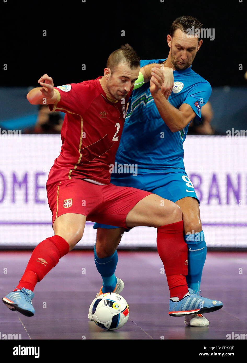 Belgrade. 2nd Feb, 2016. Serbia's Marko Peric (L) vies with Sovenia's ...