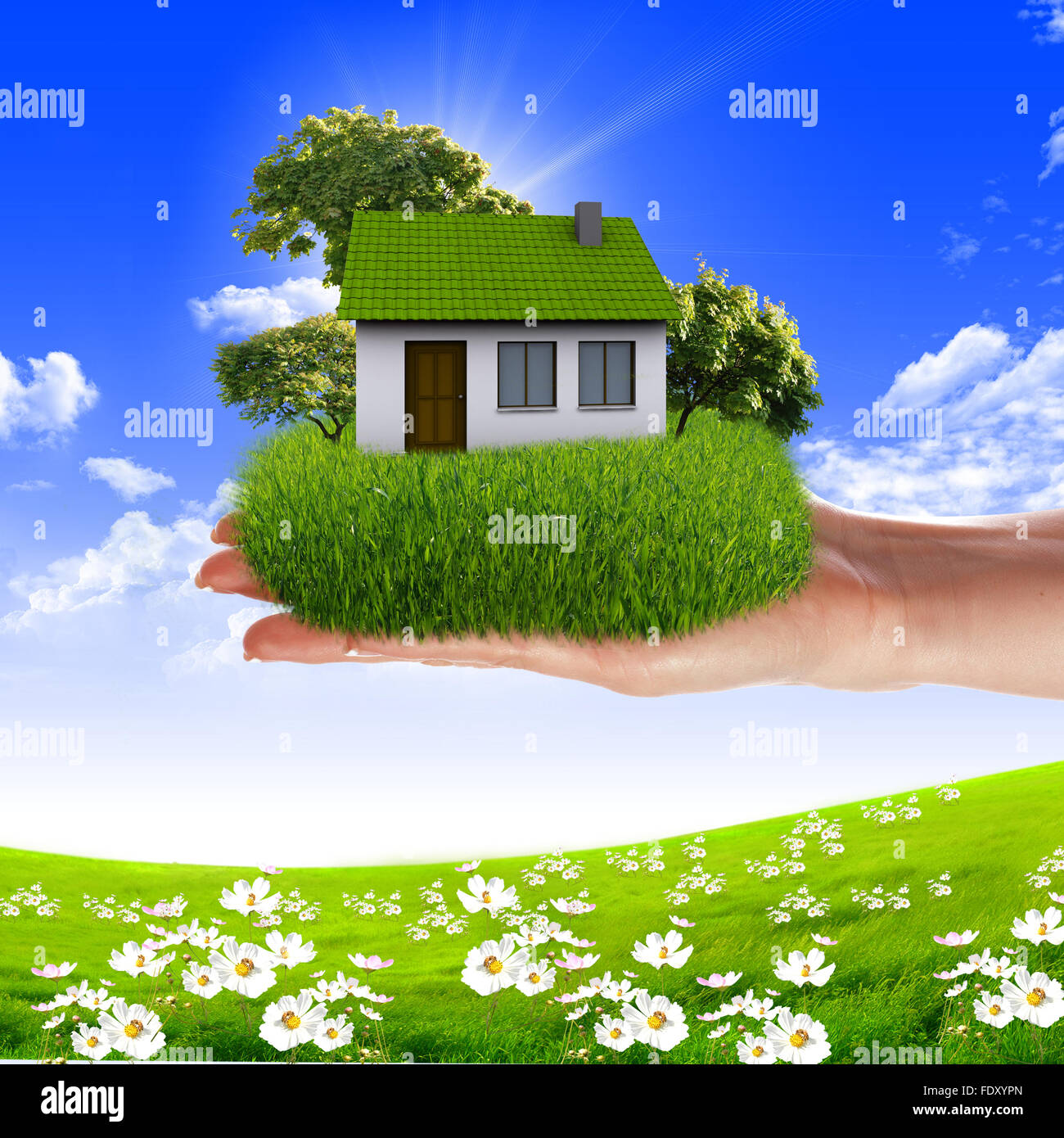 human hands holding model of a house against nature background Stock ...