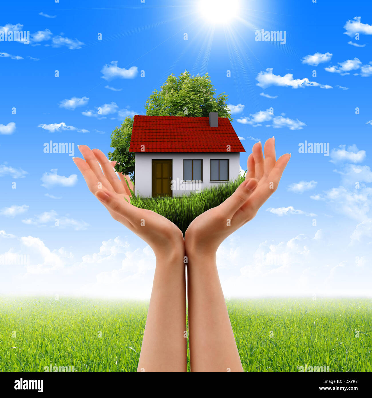 human hands holding model of a house against nature background Stock ...