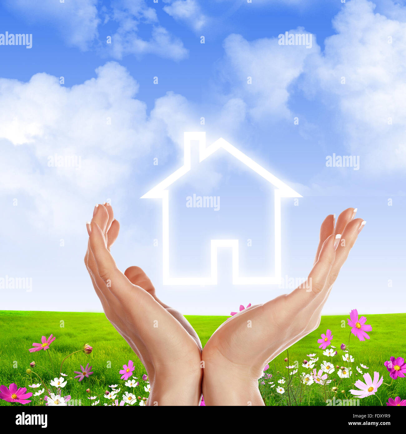 human hands holding model of a house against nature background Stock ...