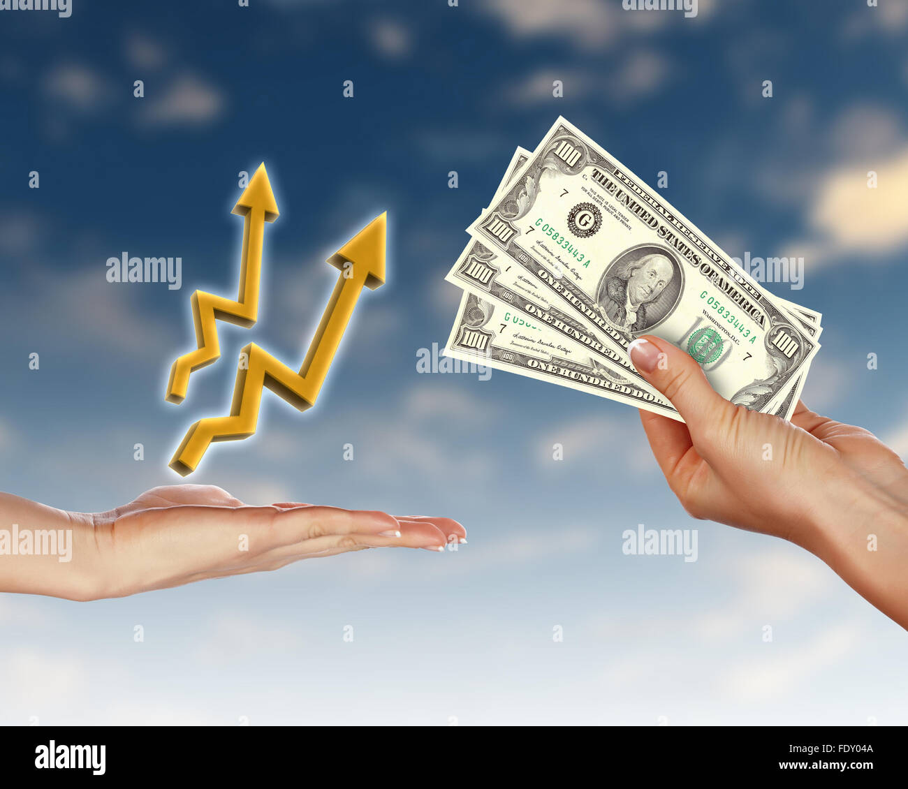 Collage with human hands holding money against blue sky Stock Photo - Alamy