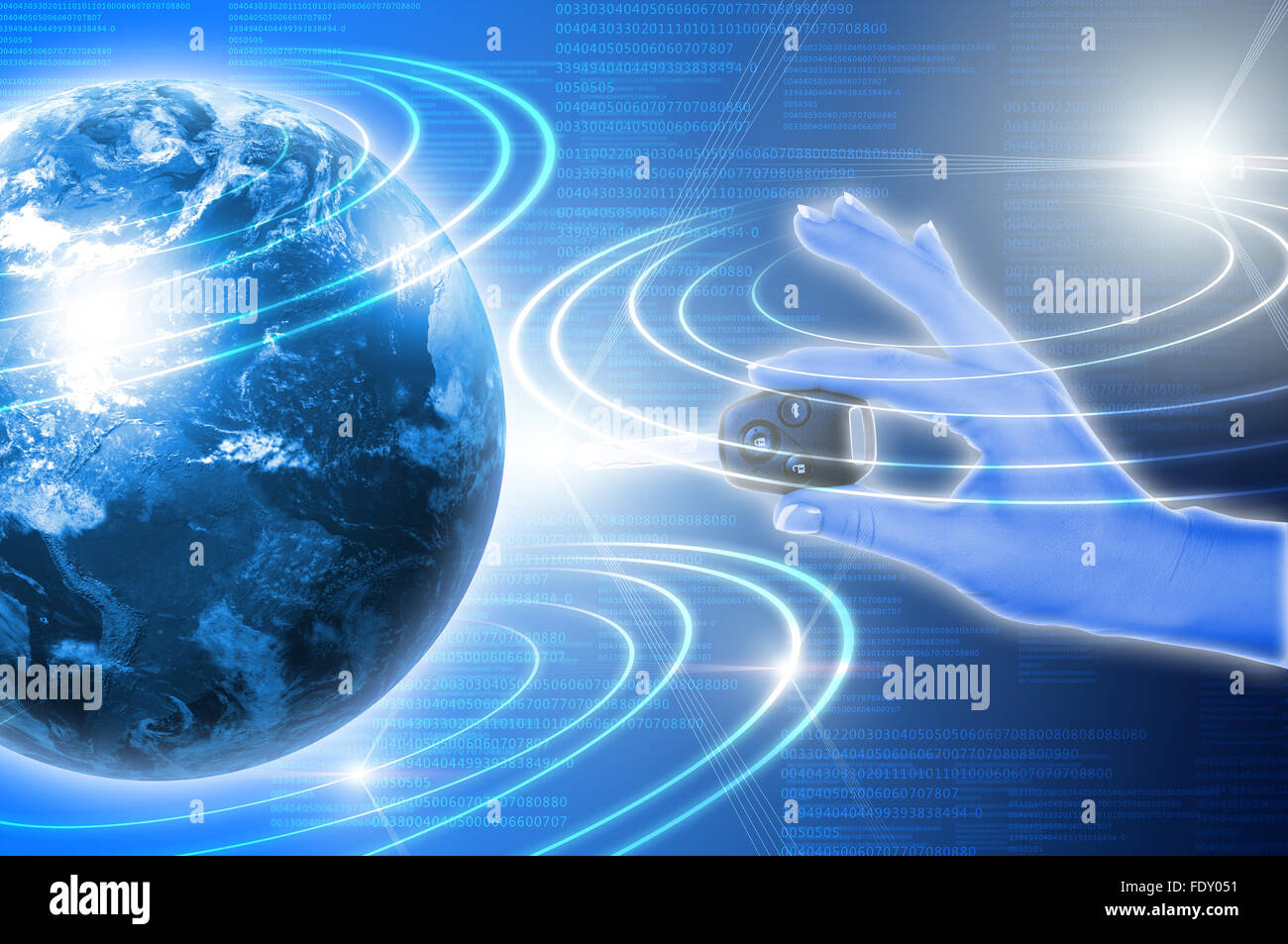 Hands, line, planet earth. The symbol of high technology Stock Photo ...