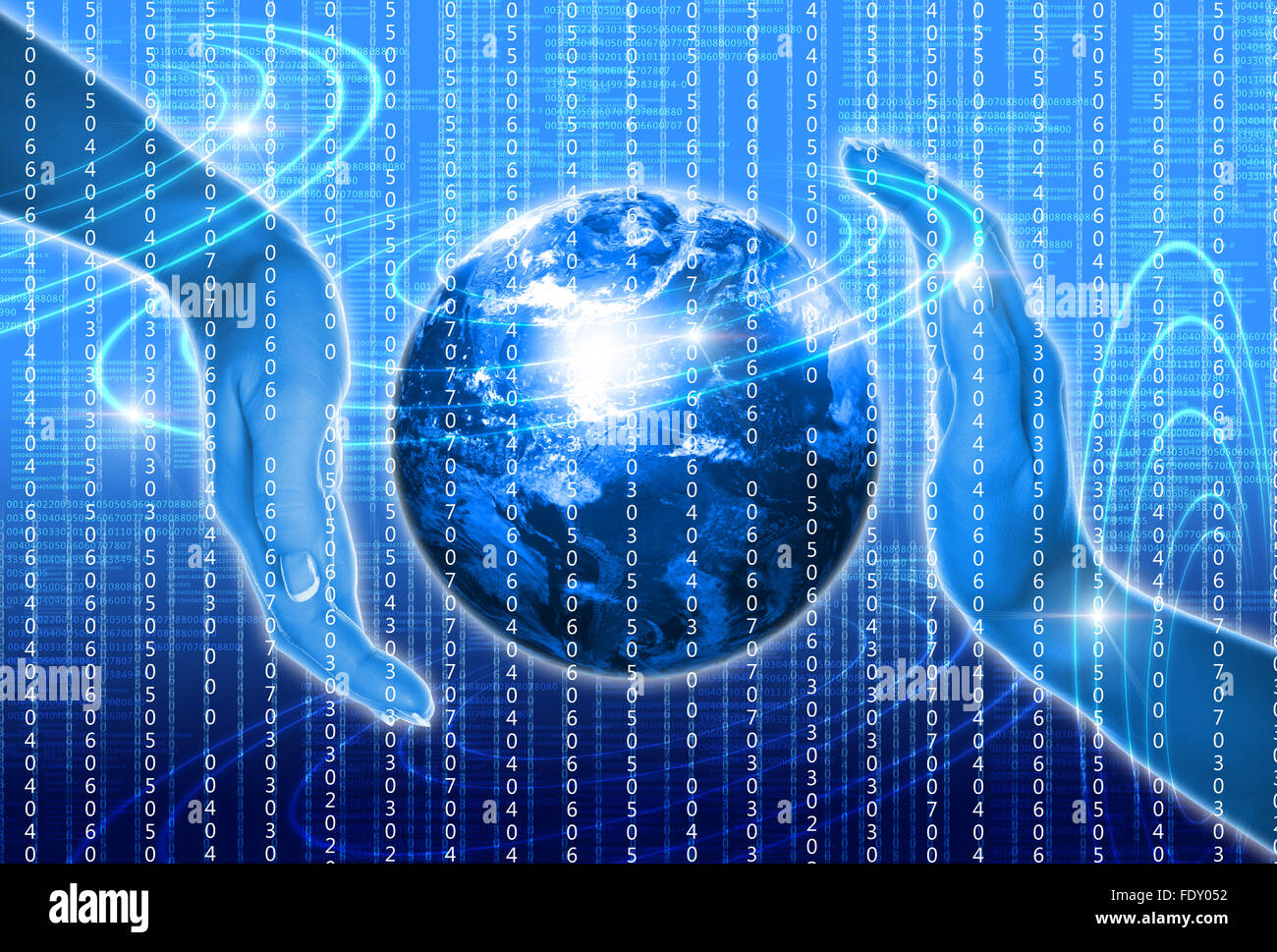 Hands, line, planet earth. The symbol of high technology Stock Photo ...