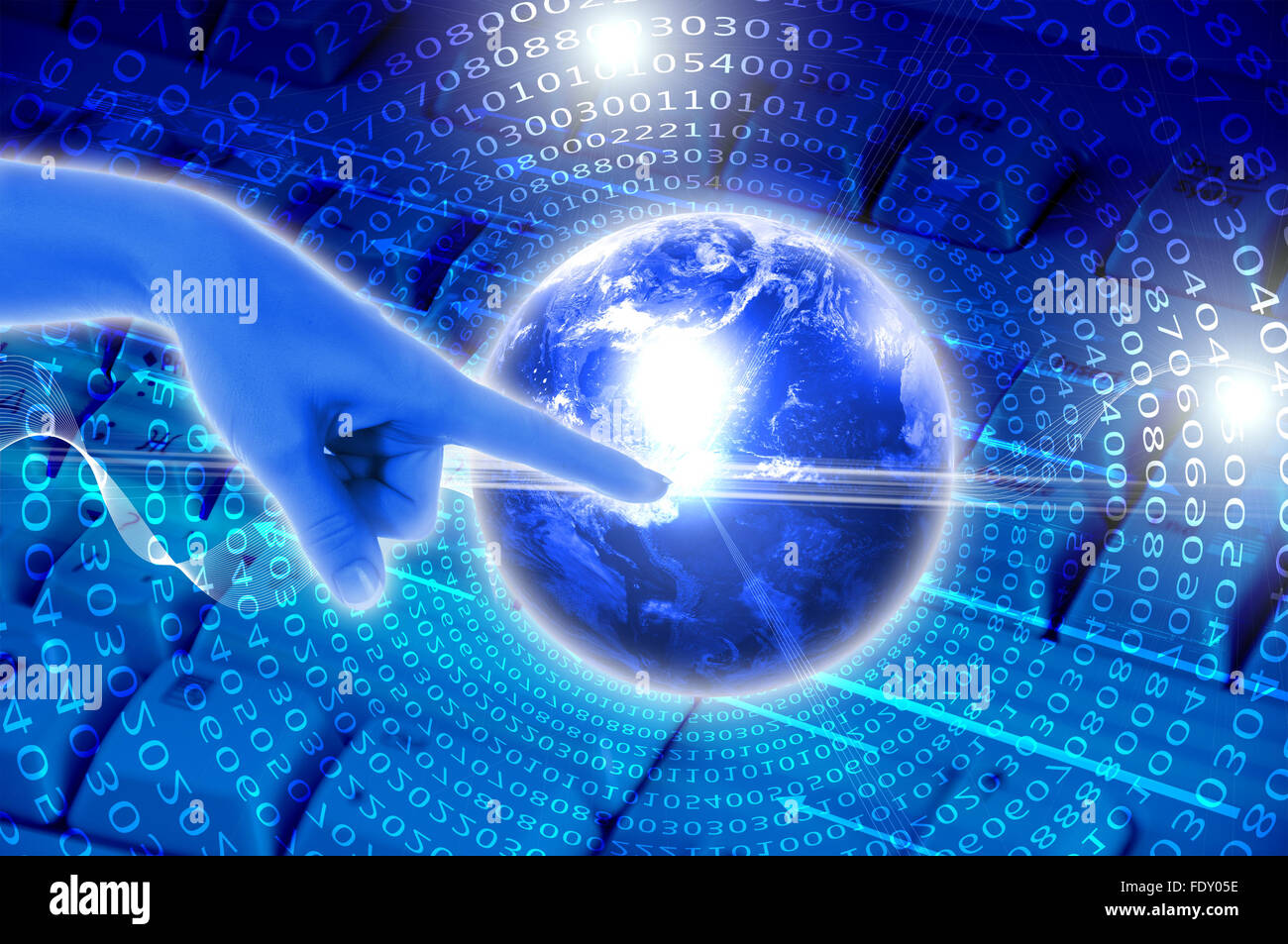 Hands, line, planet earth. The symbol of high technology Stock Photo ...