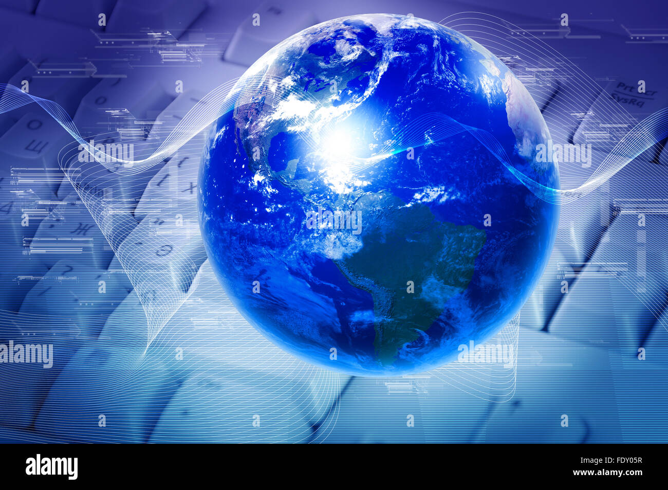 A collage of keyboards and the planet earth. The symbol of high ...