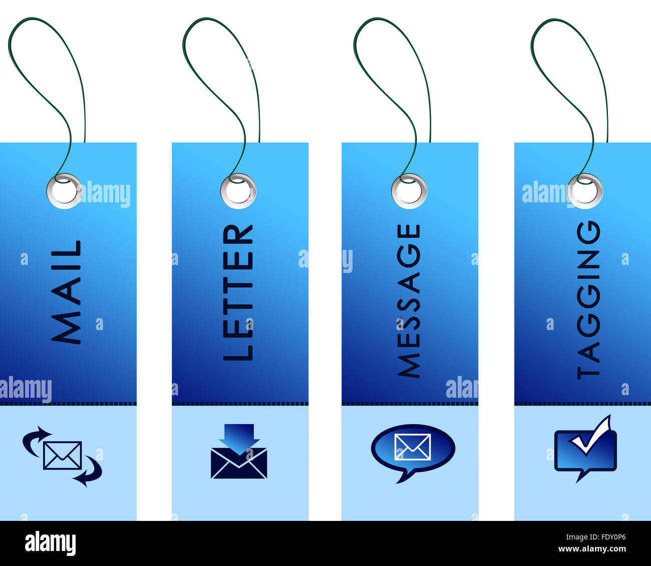 Blue tag with inscriptions dedicated to communications Stock Photo - Alamy