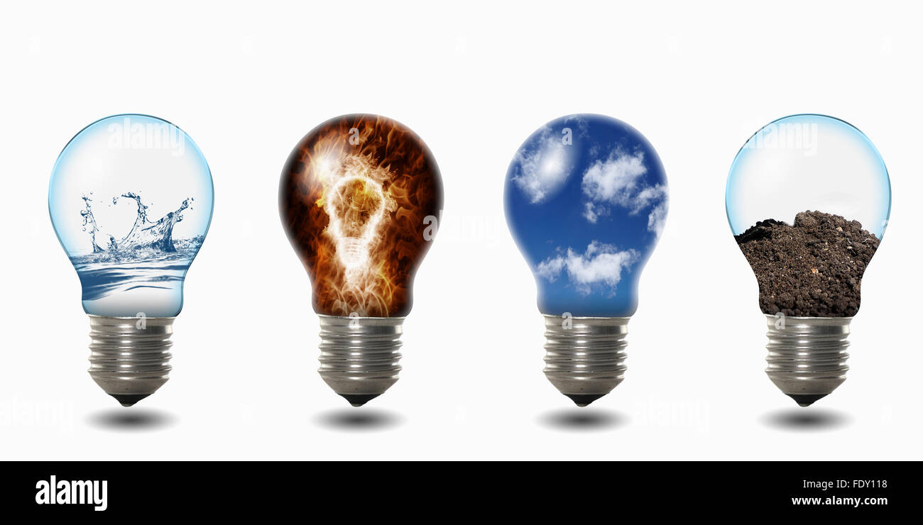 light bulb with four elements of fire, air, water and soil inside Stock ...