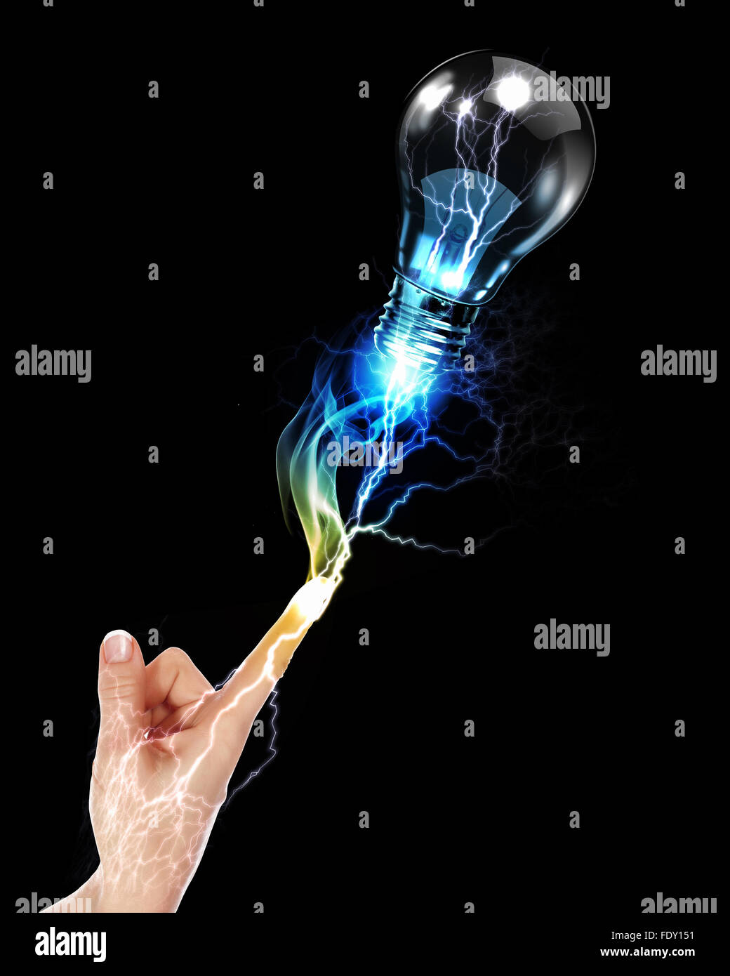 human hand, electric charge and light bulb Stock Photo - Alamy