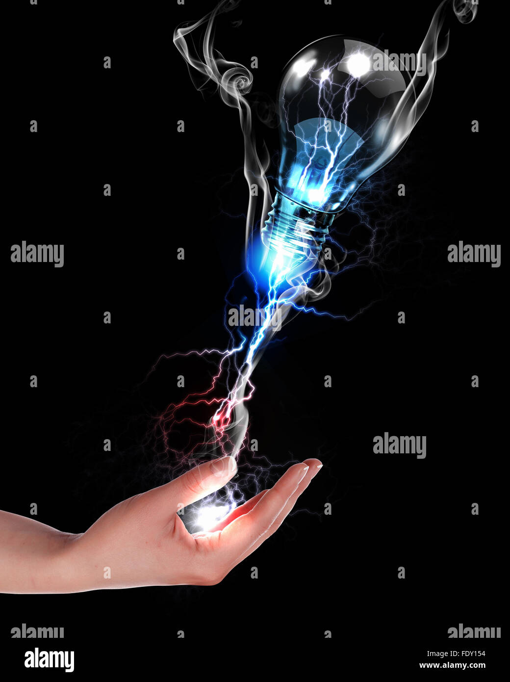 human hand, electric charge and light bulb Stock Photo - Alamy