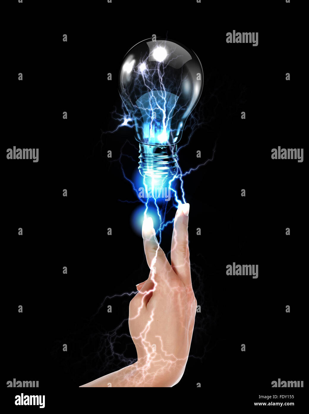 human hand, electric charge and light bulb Stock Photo - Alamy