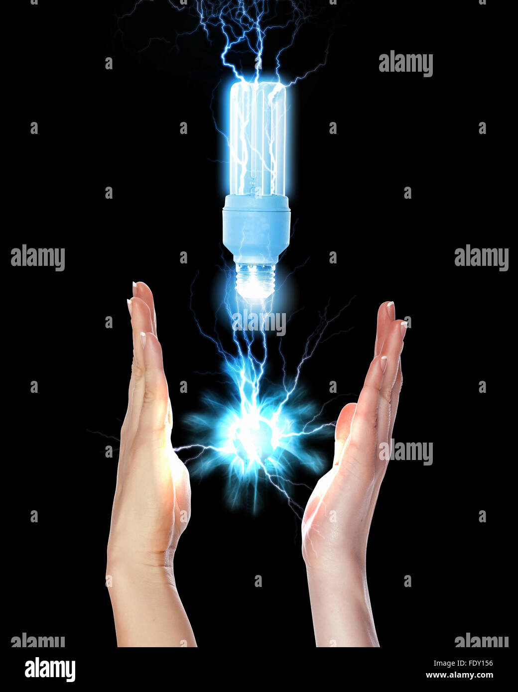 human hand, electric charge and light bulb Stock Photo - Alamy