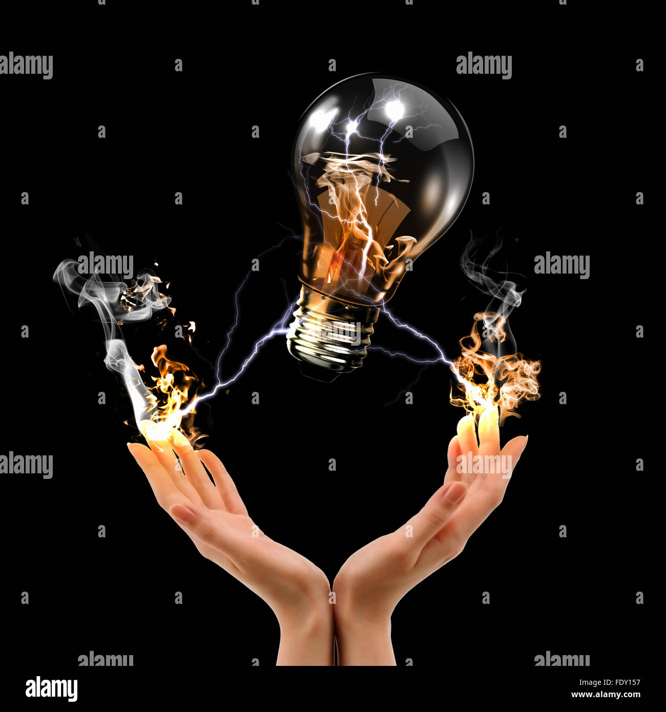 human hand, electric charge and light bulb Stock Photo - Alamy