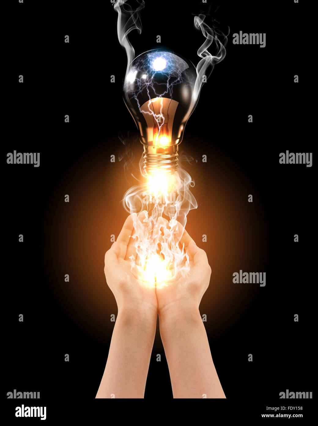 human hand, electric charge and light bulb Stock Photo - Alamy