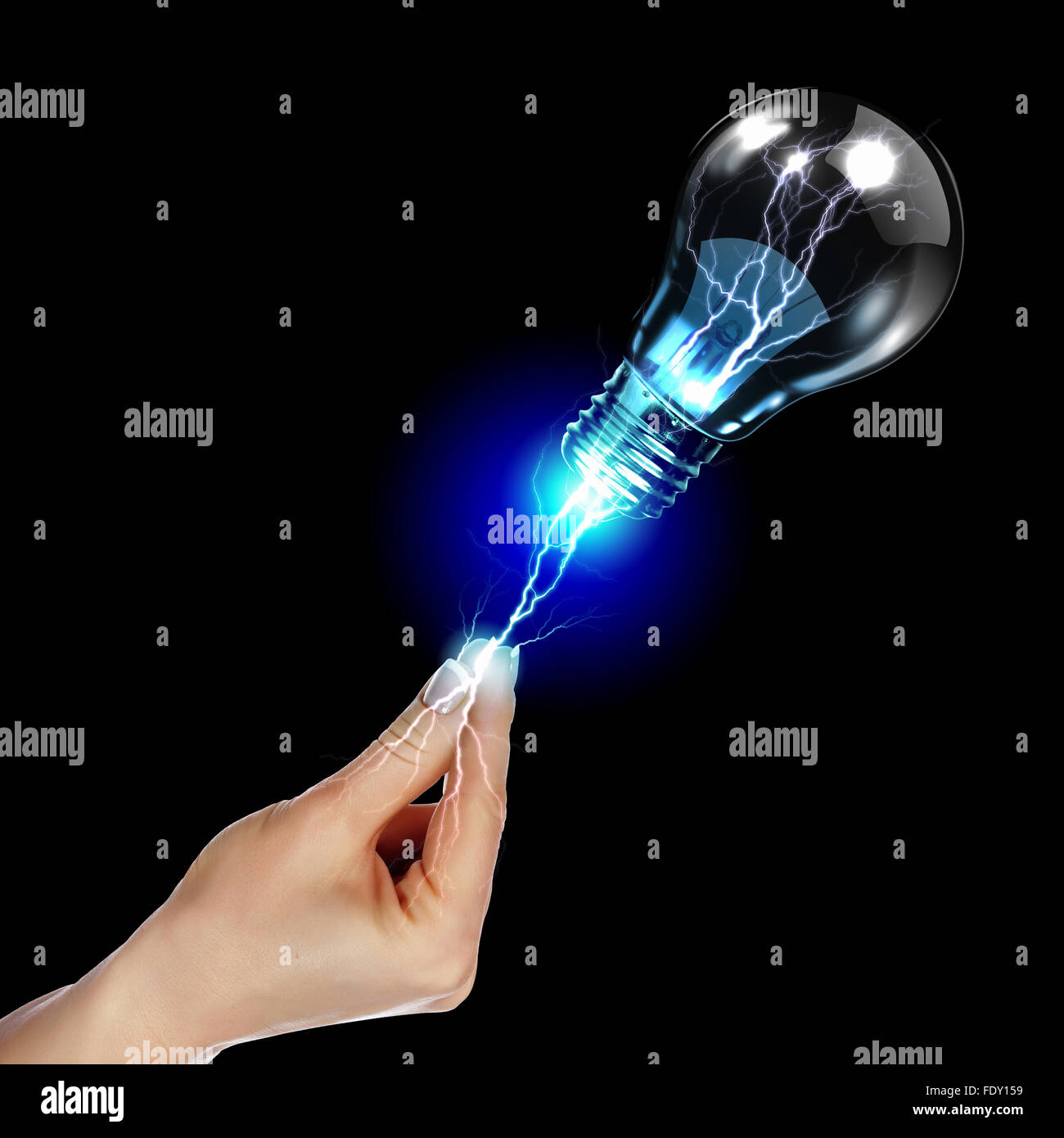 human hand, electric charge and light bulb Stock Photo - Alamy