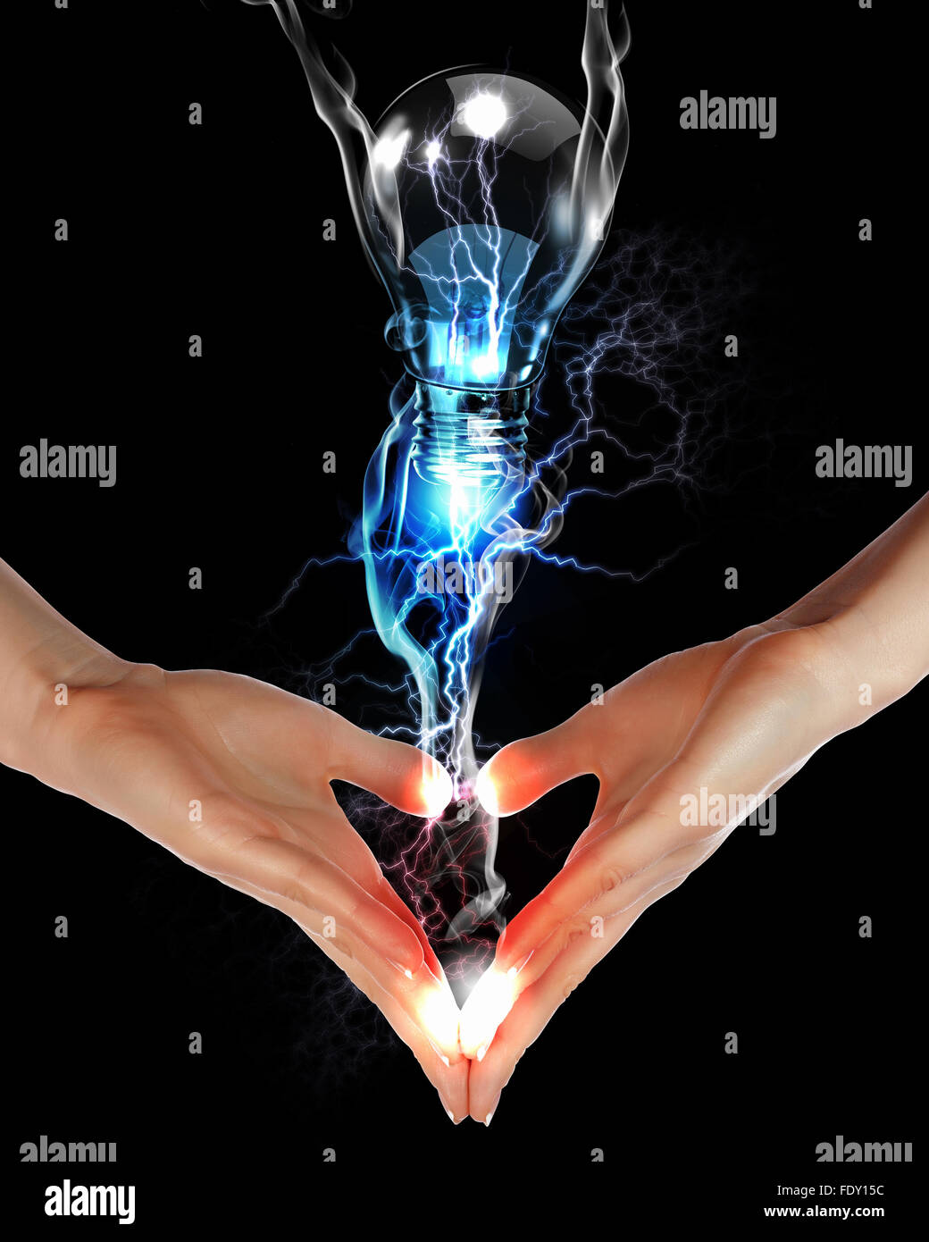 human hand, electric charge and light bulb Stock Photo - Alamy