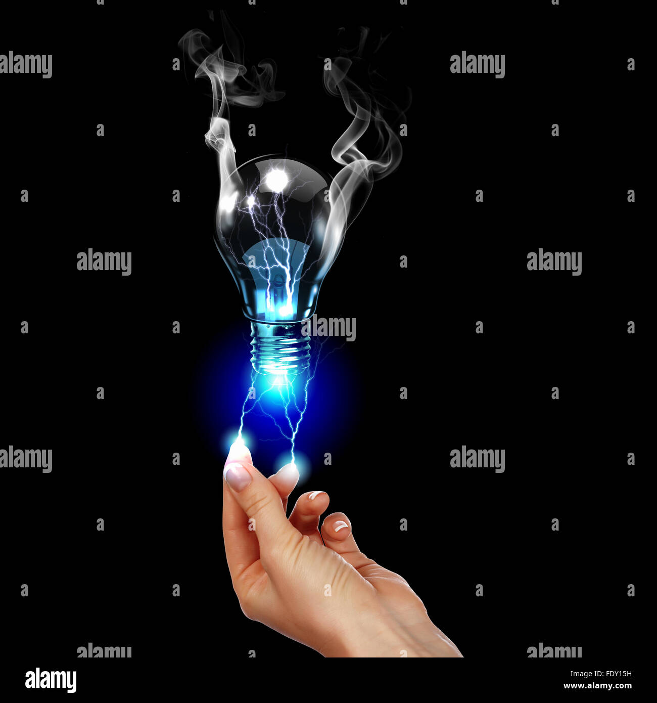 human hand, electric charge and light bulb Stock Photo - Alamy
