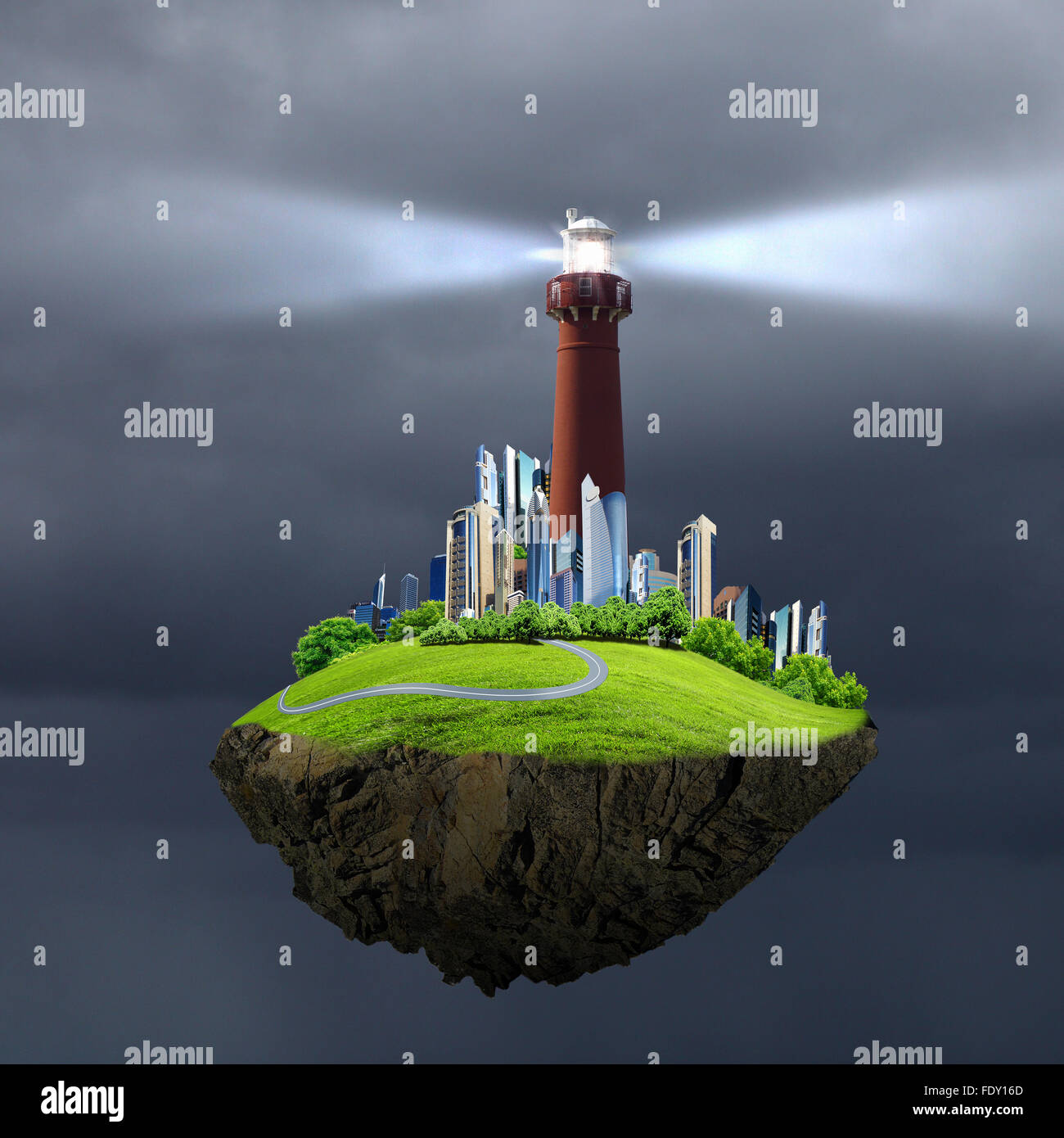 Collage with lighthouse at night with beam of light Stock Photo - Alamy