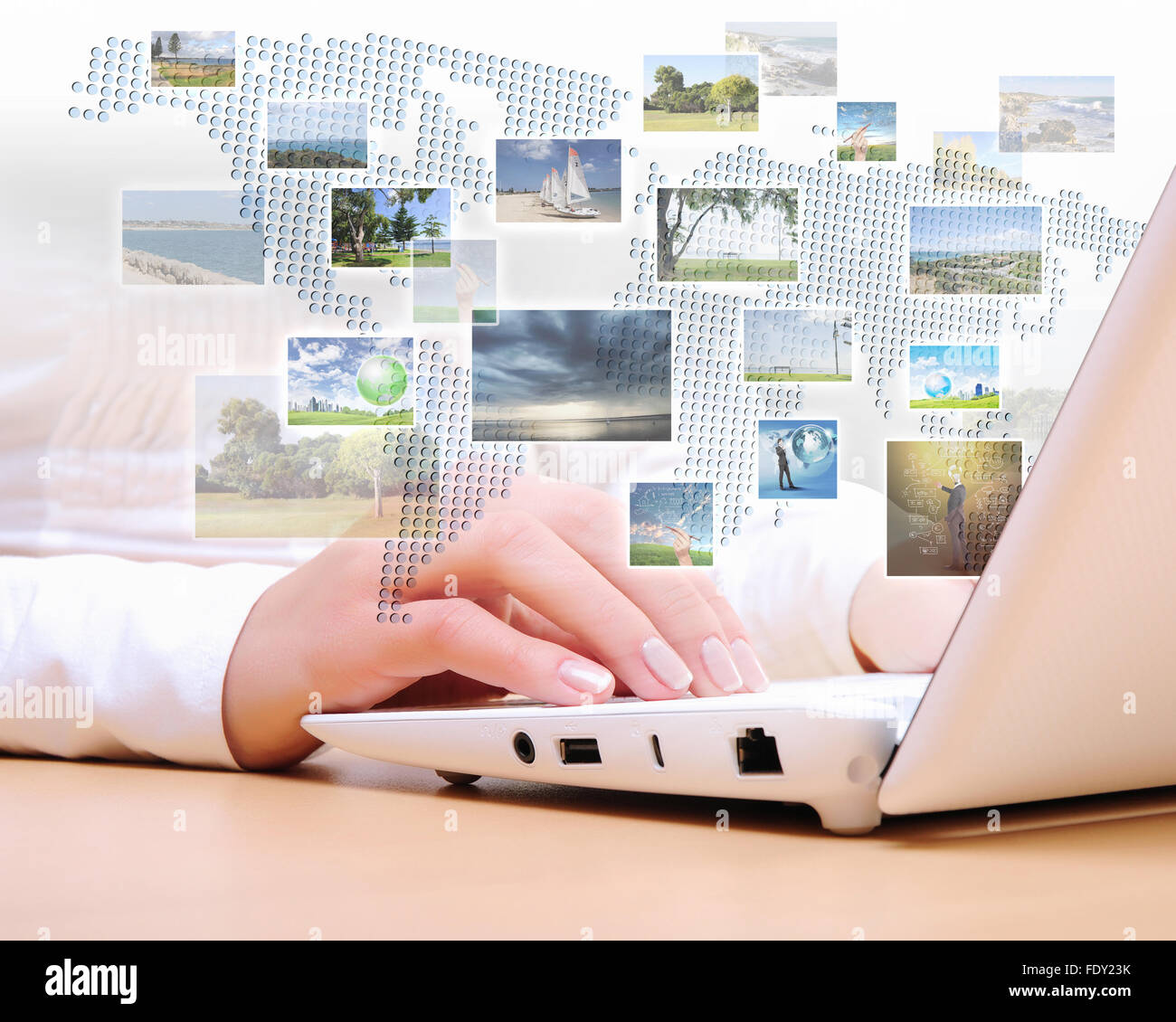 Collage with white laptop computers and symbols of communication Stock ...