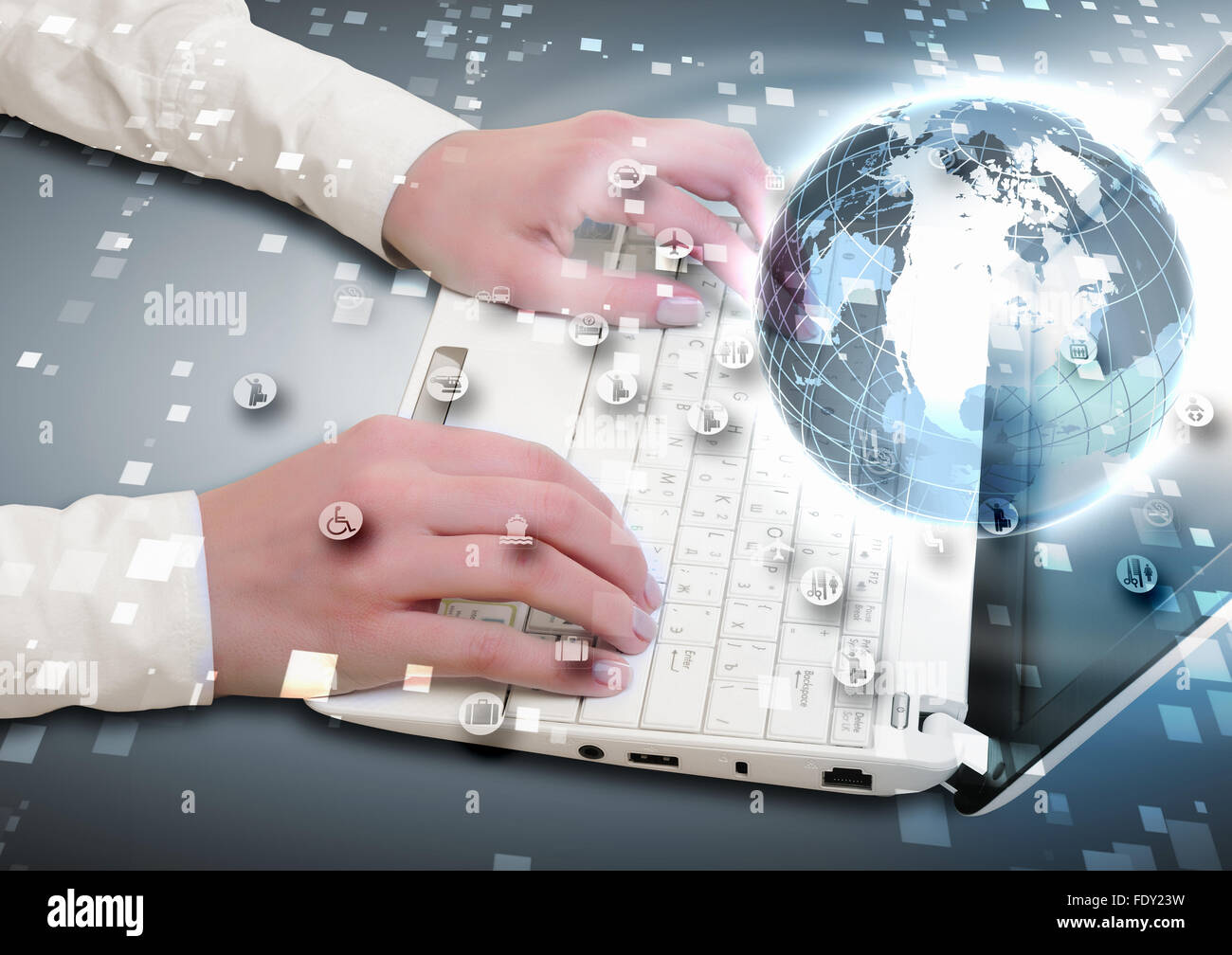 Collage with white laptop computers and symbols of communication Stock ...