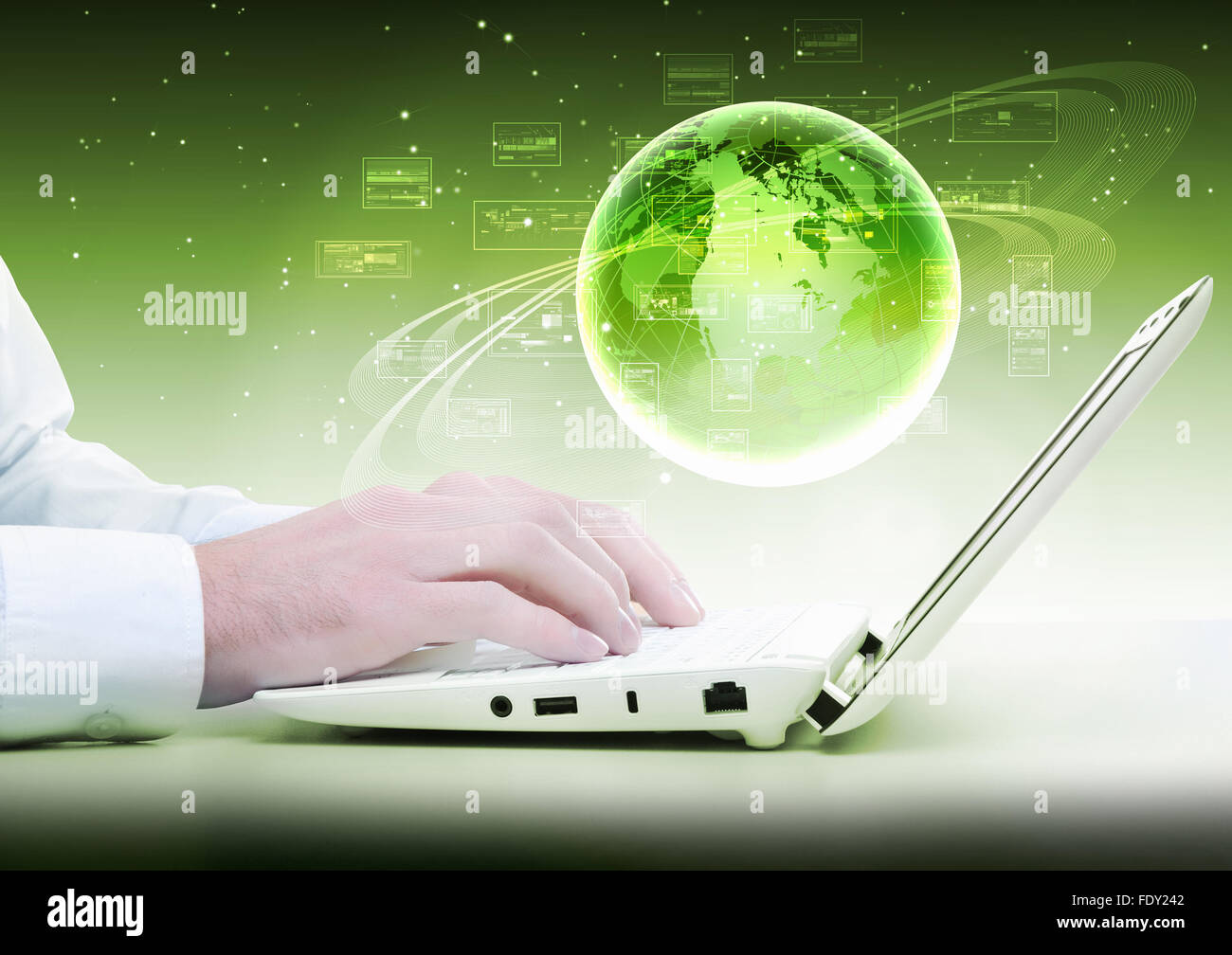 Collage with white laptop computers and symbols of communication Stock ...