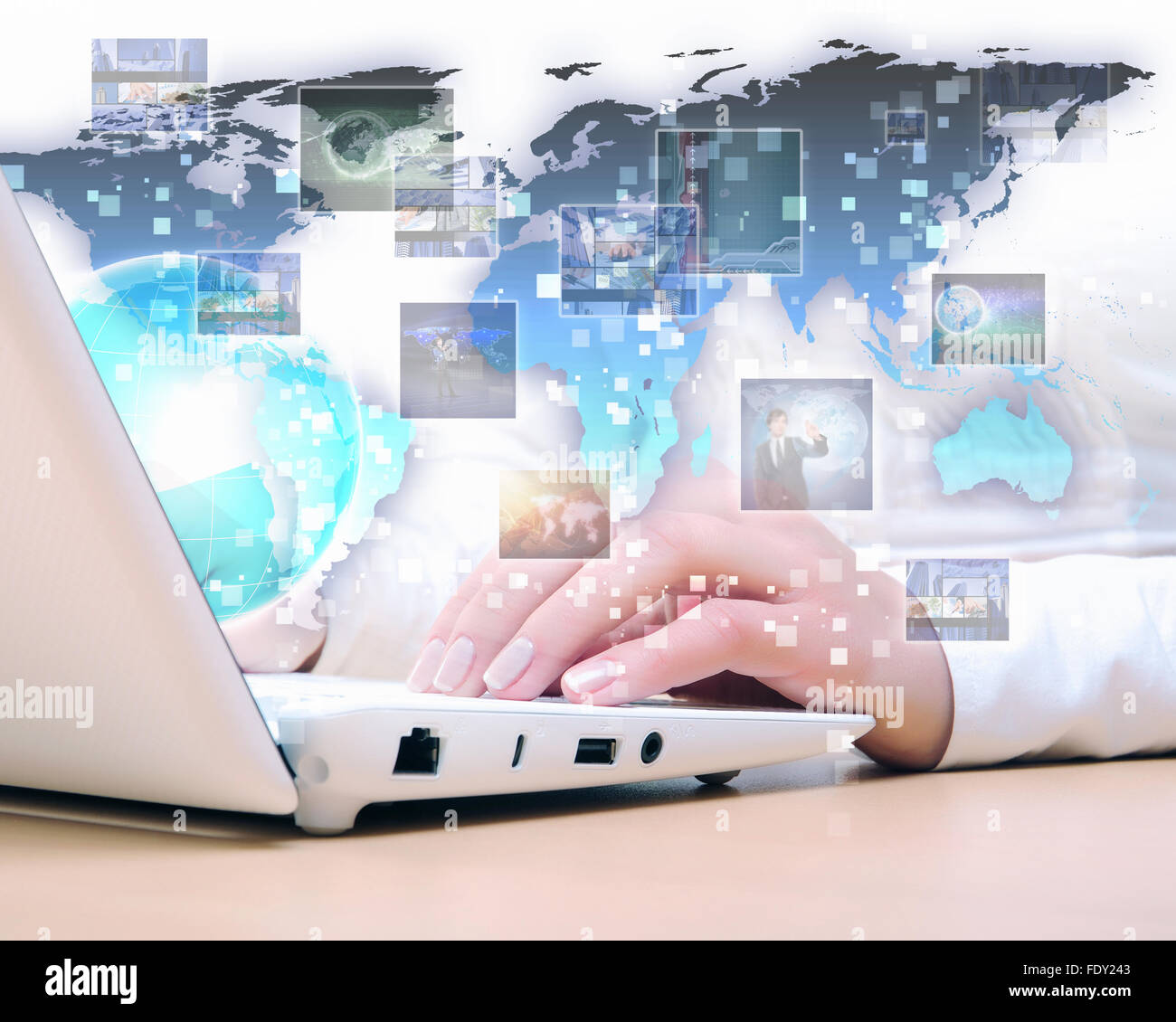 Collage with white laptop computers and symbols of communication Stock ...