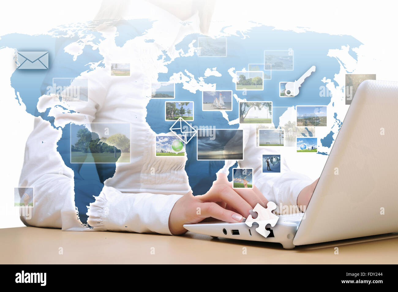 Collage with white laptop computers and symbols of communication Stock ...