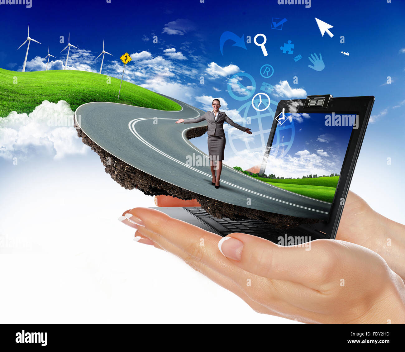 Collage with a human hand holding a green landscape Stock Photo - Alamy