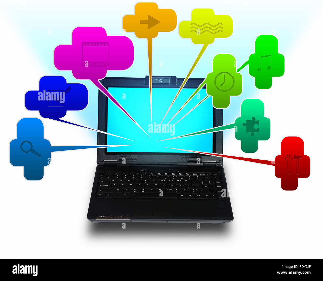 Image of laptop computer with symbols of network and communication ...