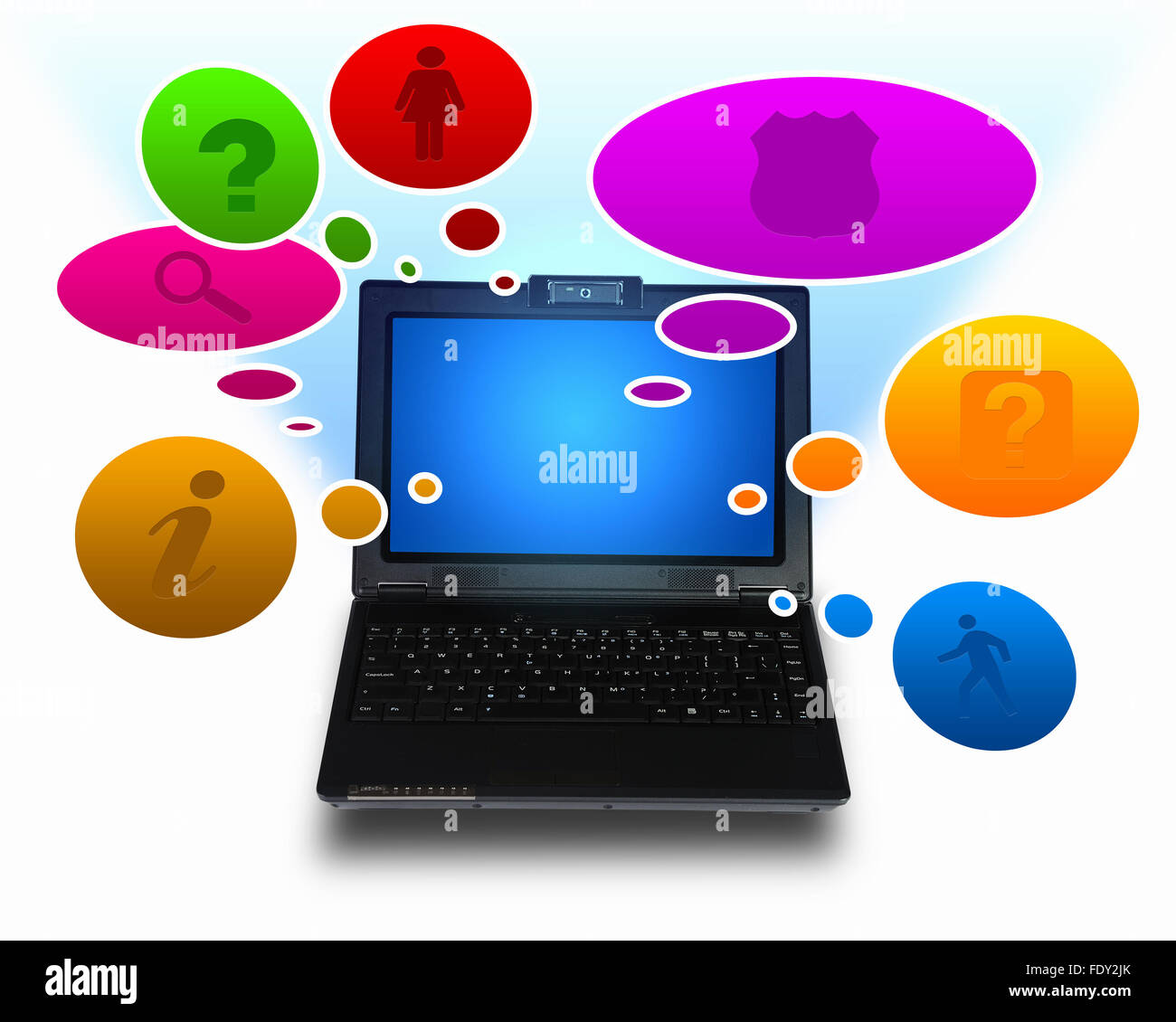 Image of laptop computer with symbols of network and communication ...