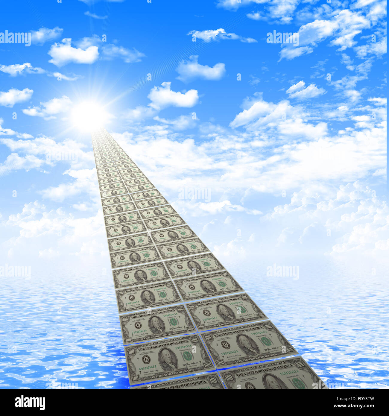 The road from banknotes disappearing into a bright blue sky. symbol of ...
